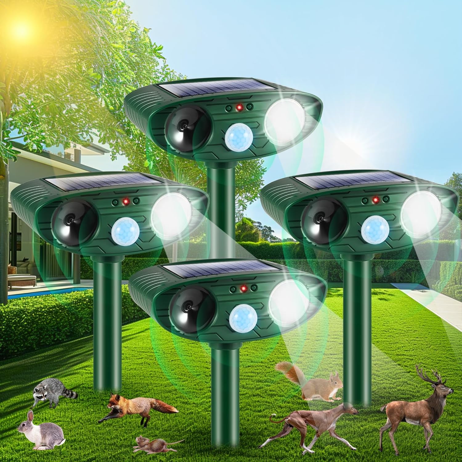 4 Pack 2025 Solar Ultrasonic Repellent Outdoor Cat Squirrel Deer ...
