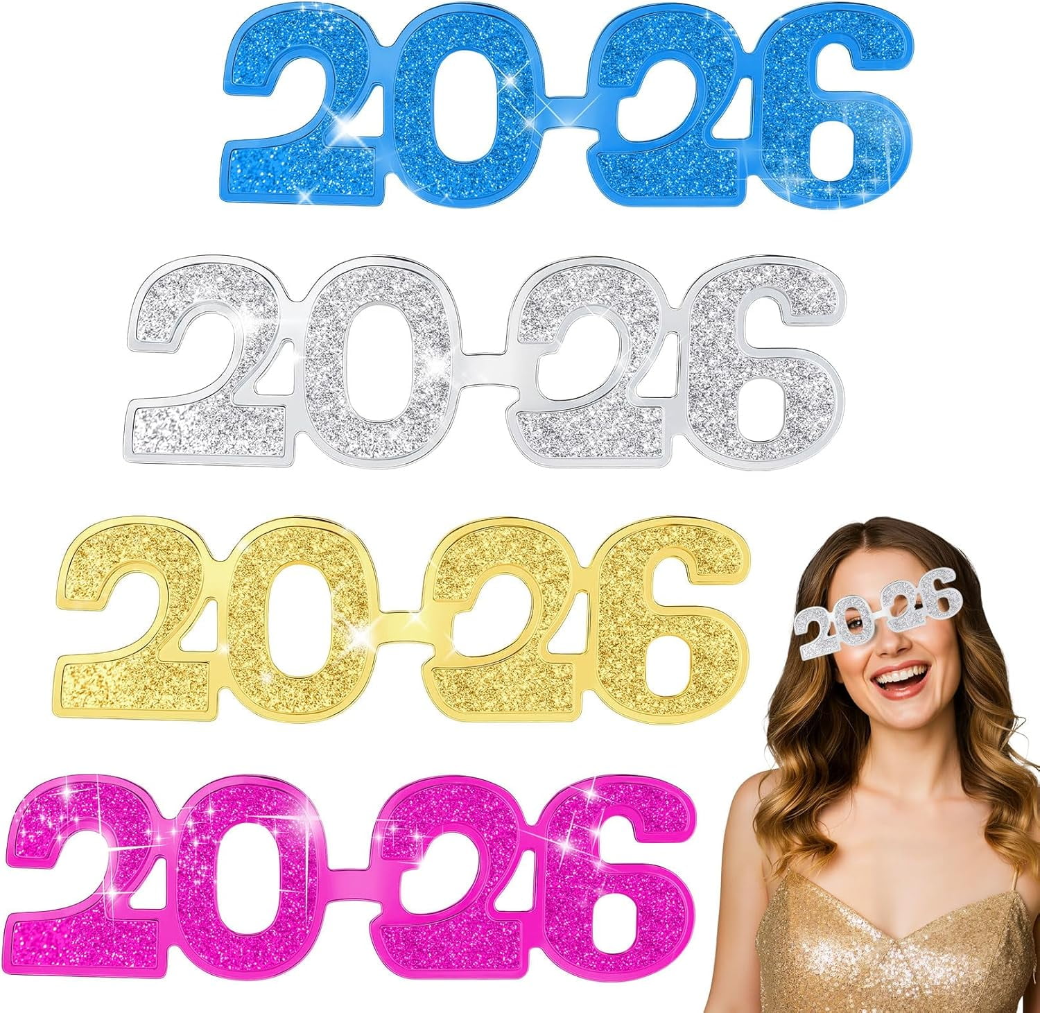 4-Pack 2026 New Year Glitter Party Glasses - Plastic Photo Booth Props ...