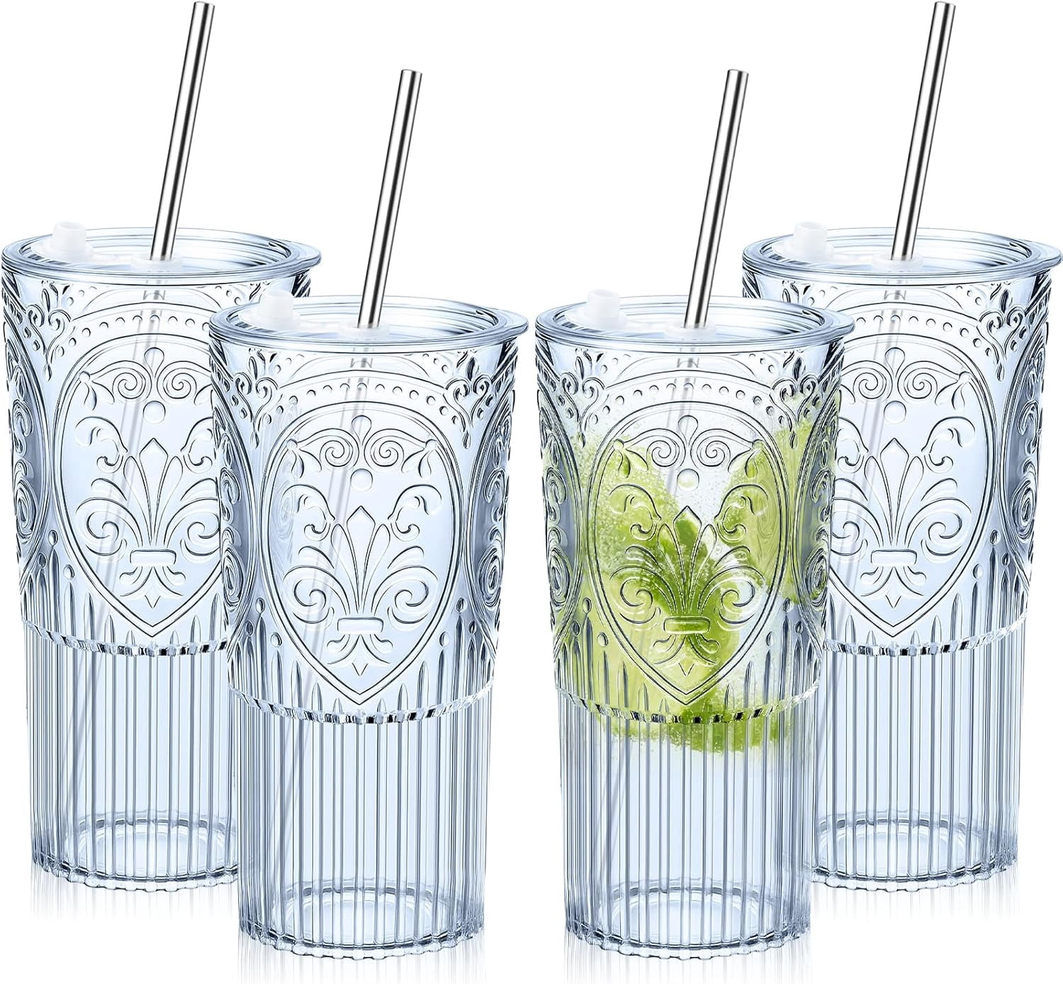 4-Pack 20oz Vintage Ribbed Floral Plastic Tumblers with Lids & Straws ...