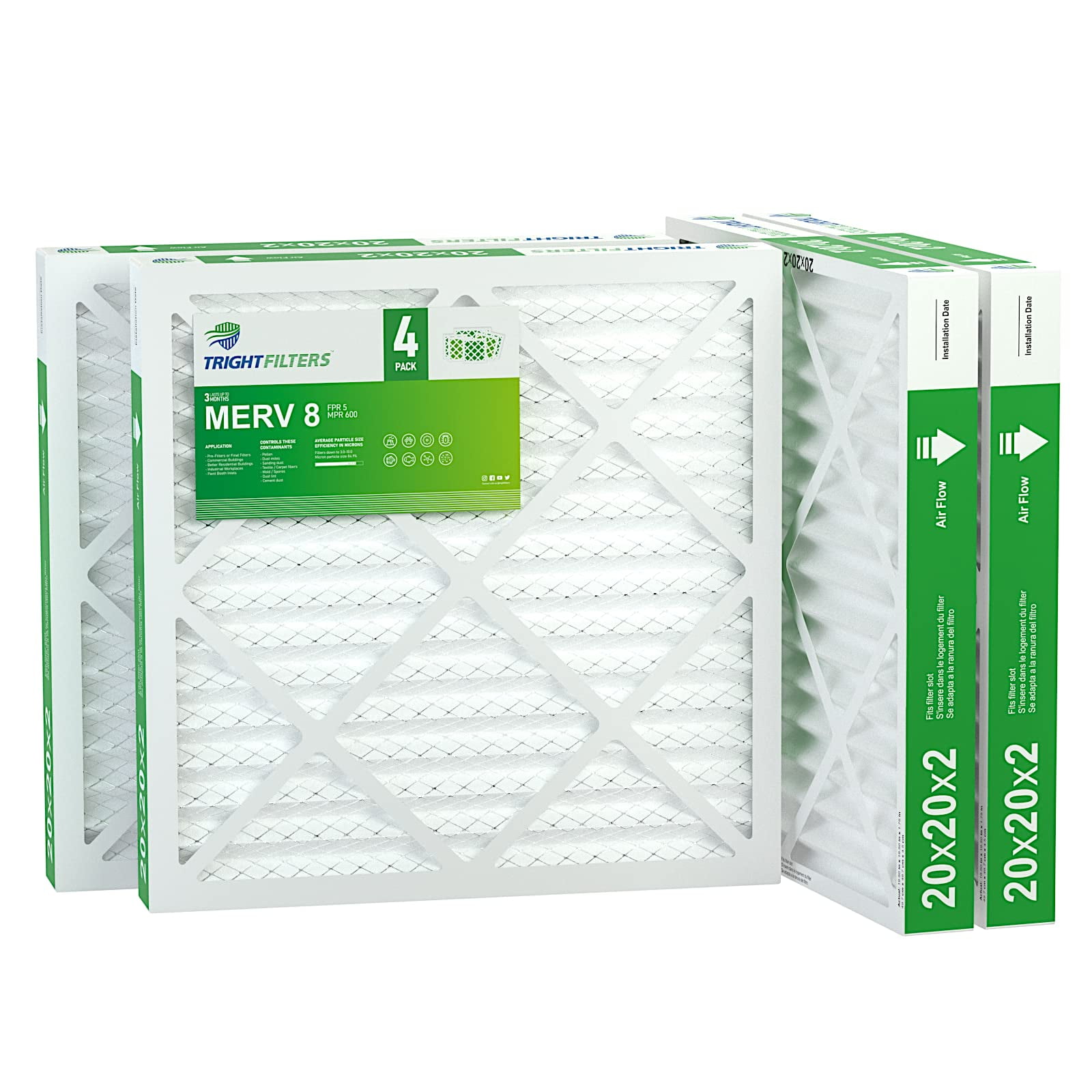 4 Pack 20x20x2 Air Filter Durable MERV 8 Pleated Home HVAC AC Air ...