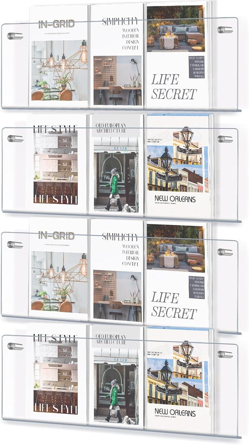 4 Pack 21" Clear Acrylic Magazine Holder Wall Mount Hanging Bookshelf ...
