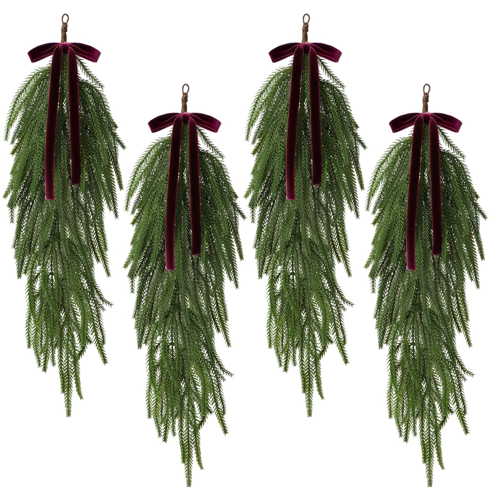 4 Pack 25 Inch Christmas Teardrop Swags with Rustic Velvet Ribbon Bow ...