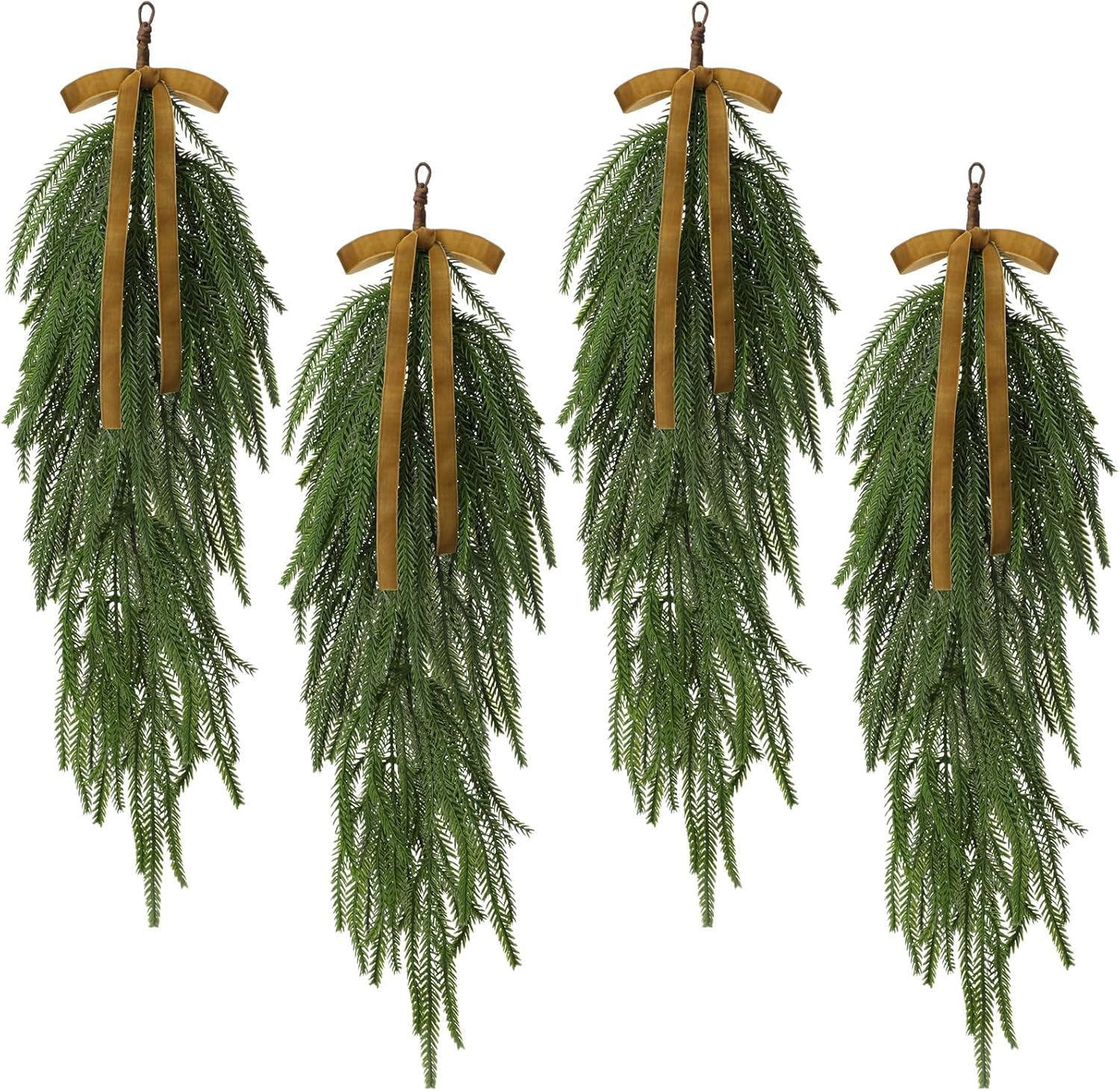 4 Pack 25 Inch Christmas Teardrop Swags with Rustic Velvet Ribbon Bow ...