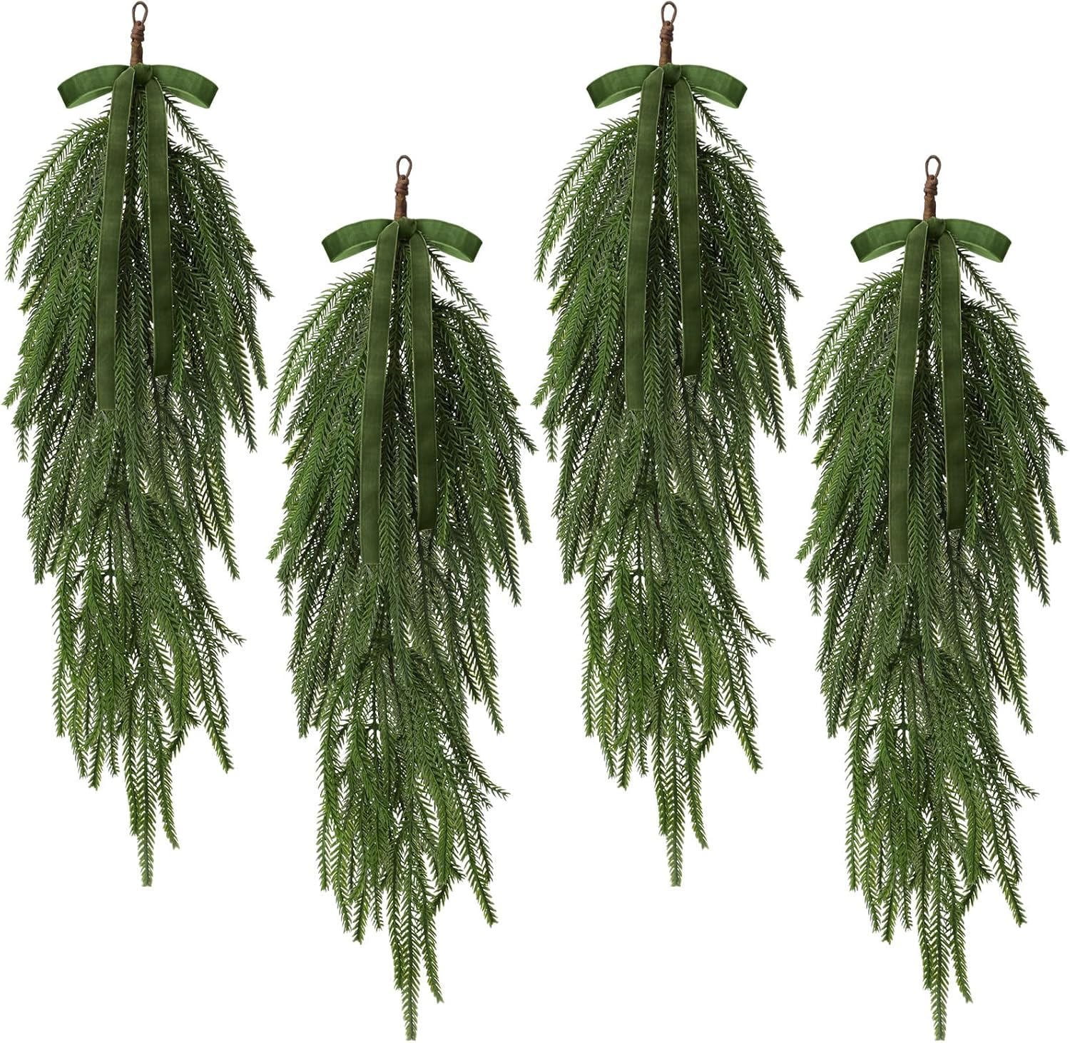 4 Pack 25 Inch Christmas Teardrop Swags with Rustic Velvet Ribbon Bow ...