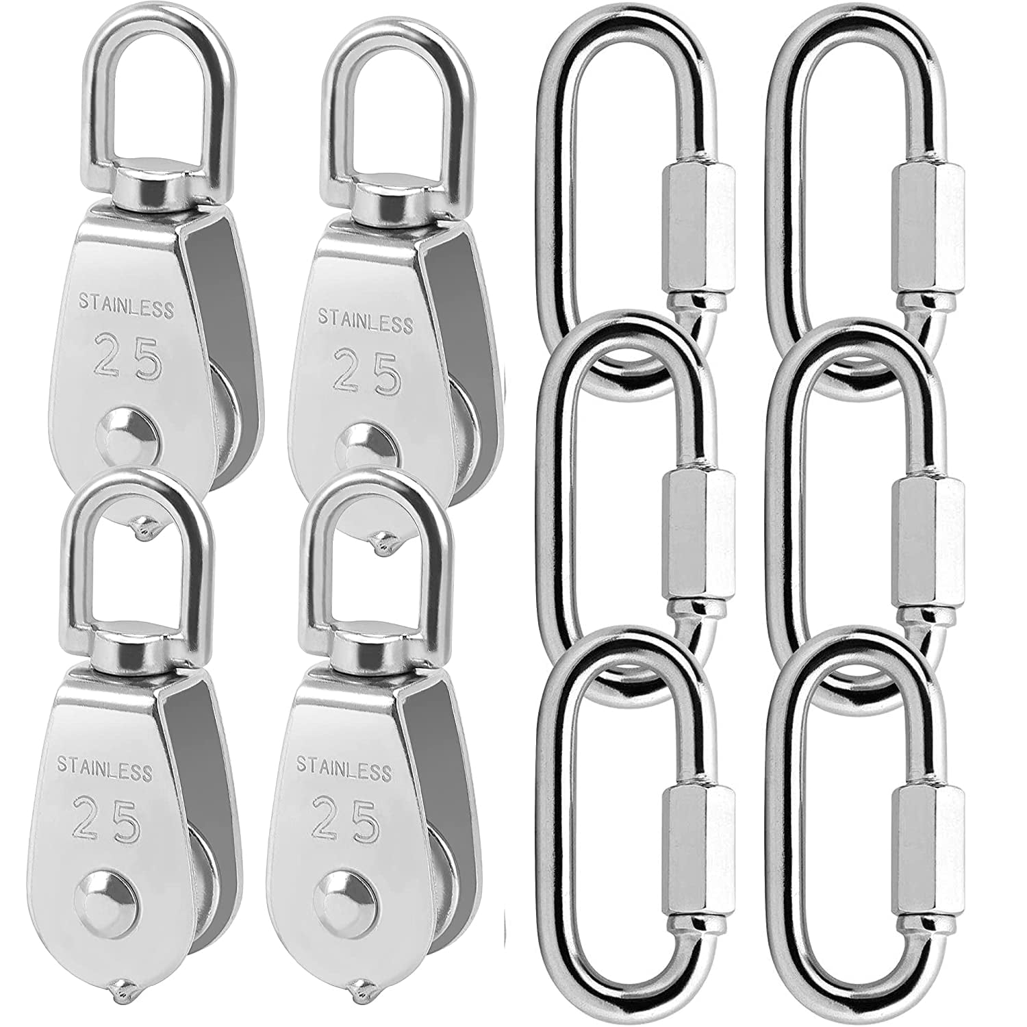4 Pack 25MM Single Pulley Block Set with 6 Quick Links, M25 Stainless ...