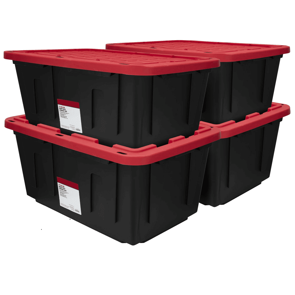 4-Pack 27 Gallon Large Storage Bins Black & Red Plastic Containers with ...