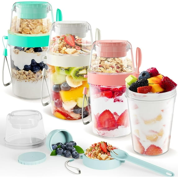 4 Pack 27oz Reusable Yogurt Parfait Cups with Lids and Spoon, Cereal ...