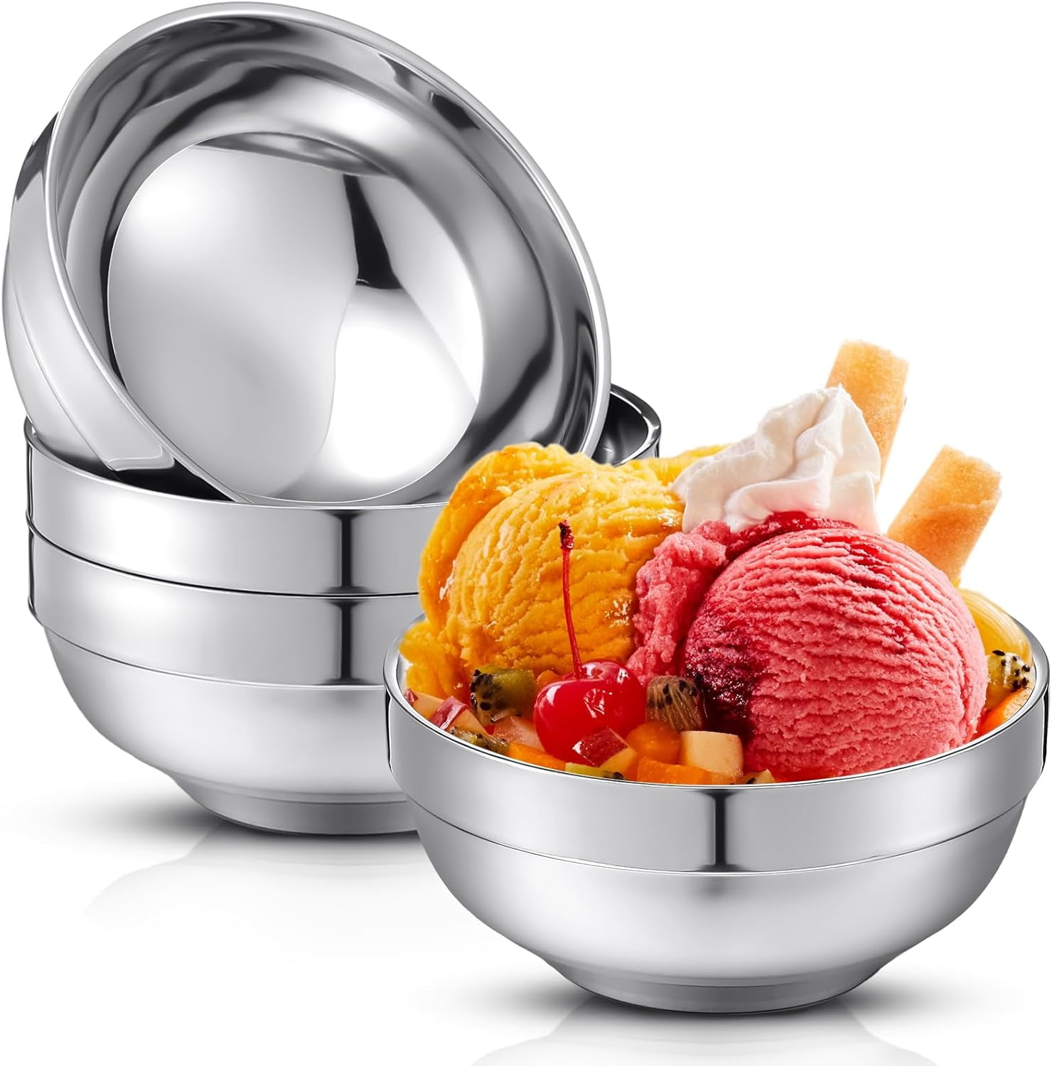 4 Pack 28 oz Stainless Steel Bowls Double Walled Insulated Ice Cream ...