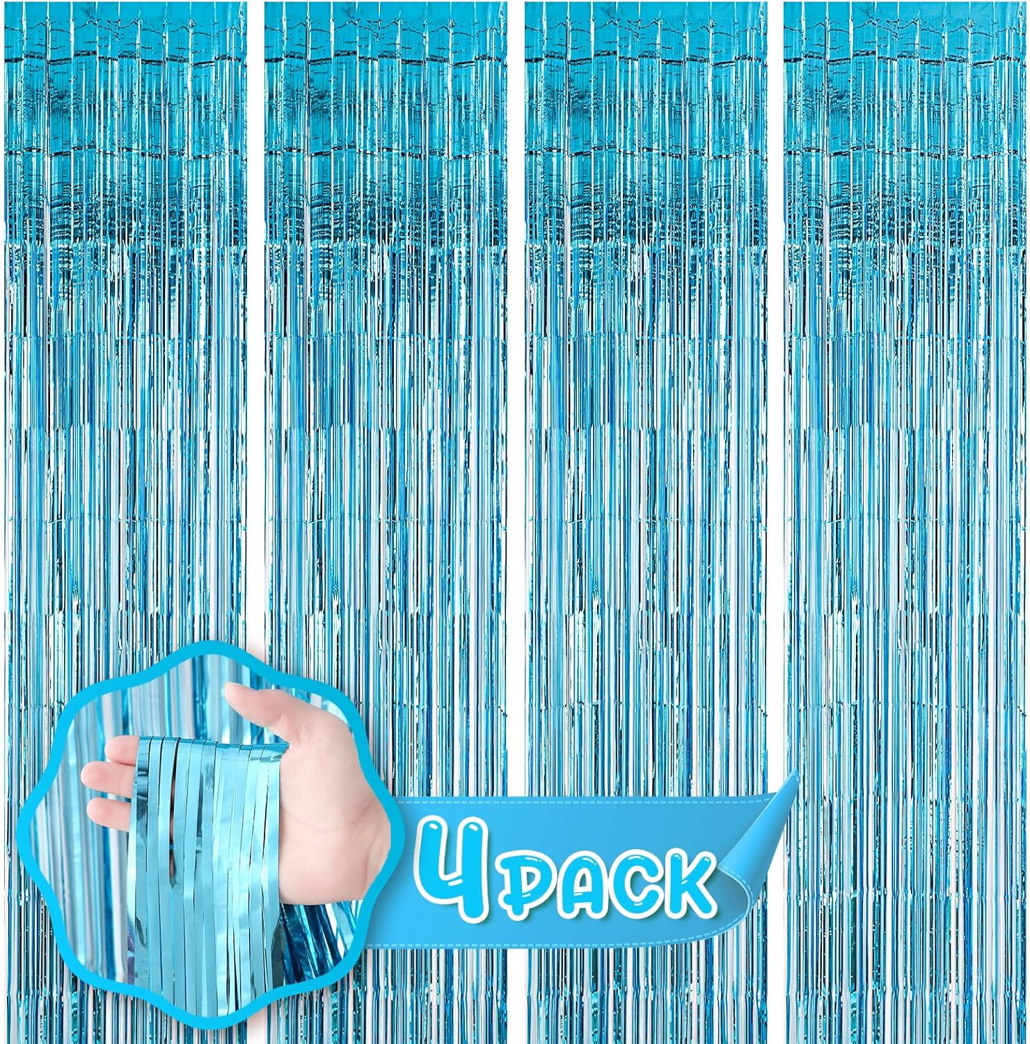 4 Pack 3.3x8.2 Feet Light Blue Foil Fringe Backdrop Curtains, Tinsel ...