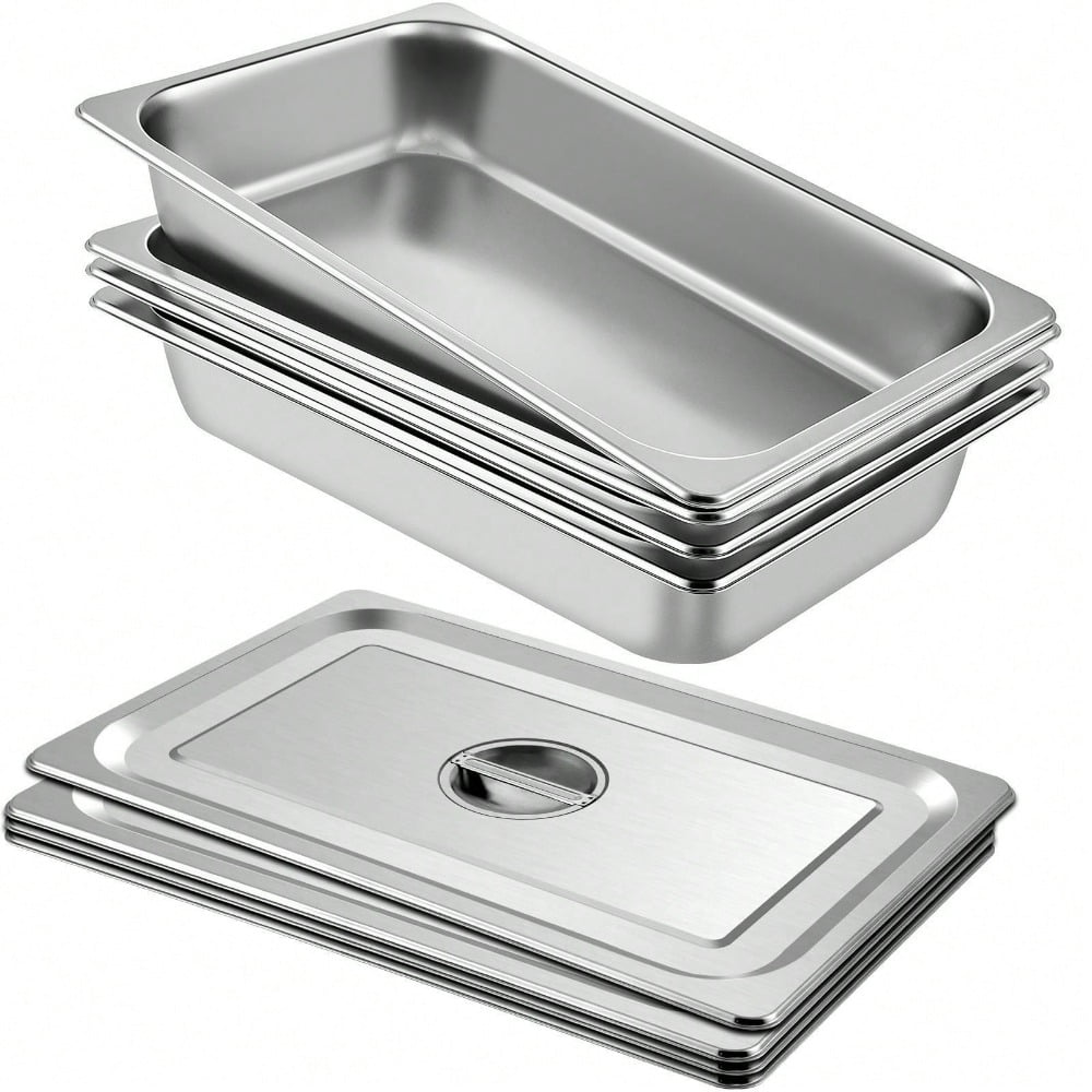 4 Pack 3.7" Deep Steam Table Pan Full Size With Lid 20.8" L X 13" W, 22 ...
