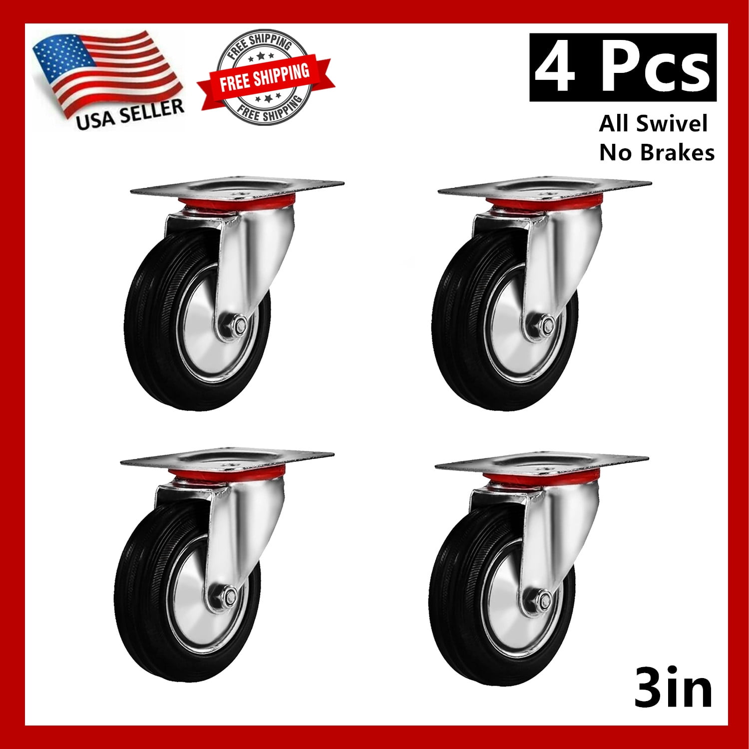 4 Pack 3 Inch Caster Wheels Swivel Plate Polyurethane Wheels, Heavy ...