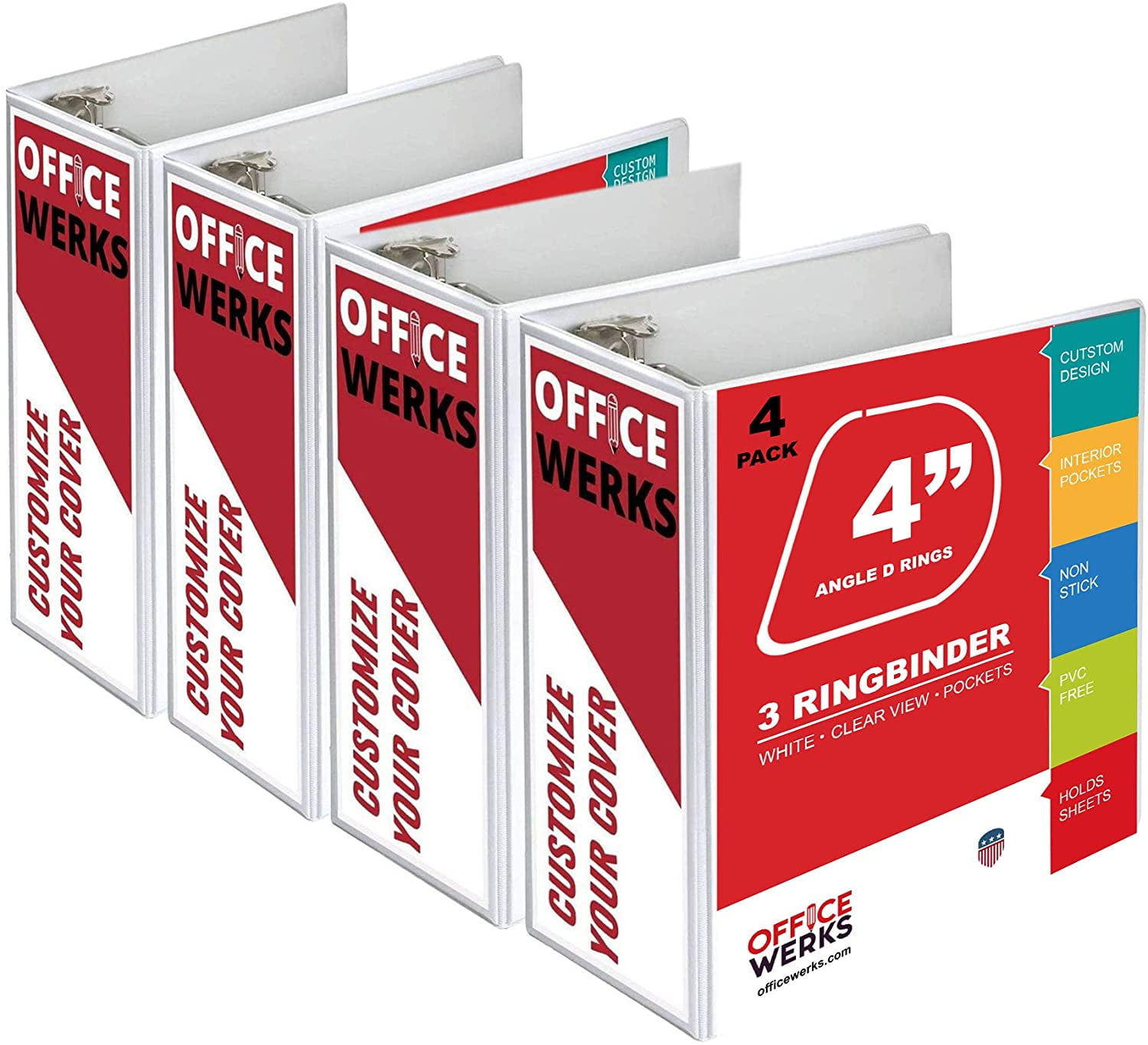 4 Pack- 3 Ring View Binders, 4 inch, White,Clear View, Pockets ...