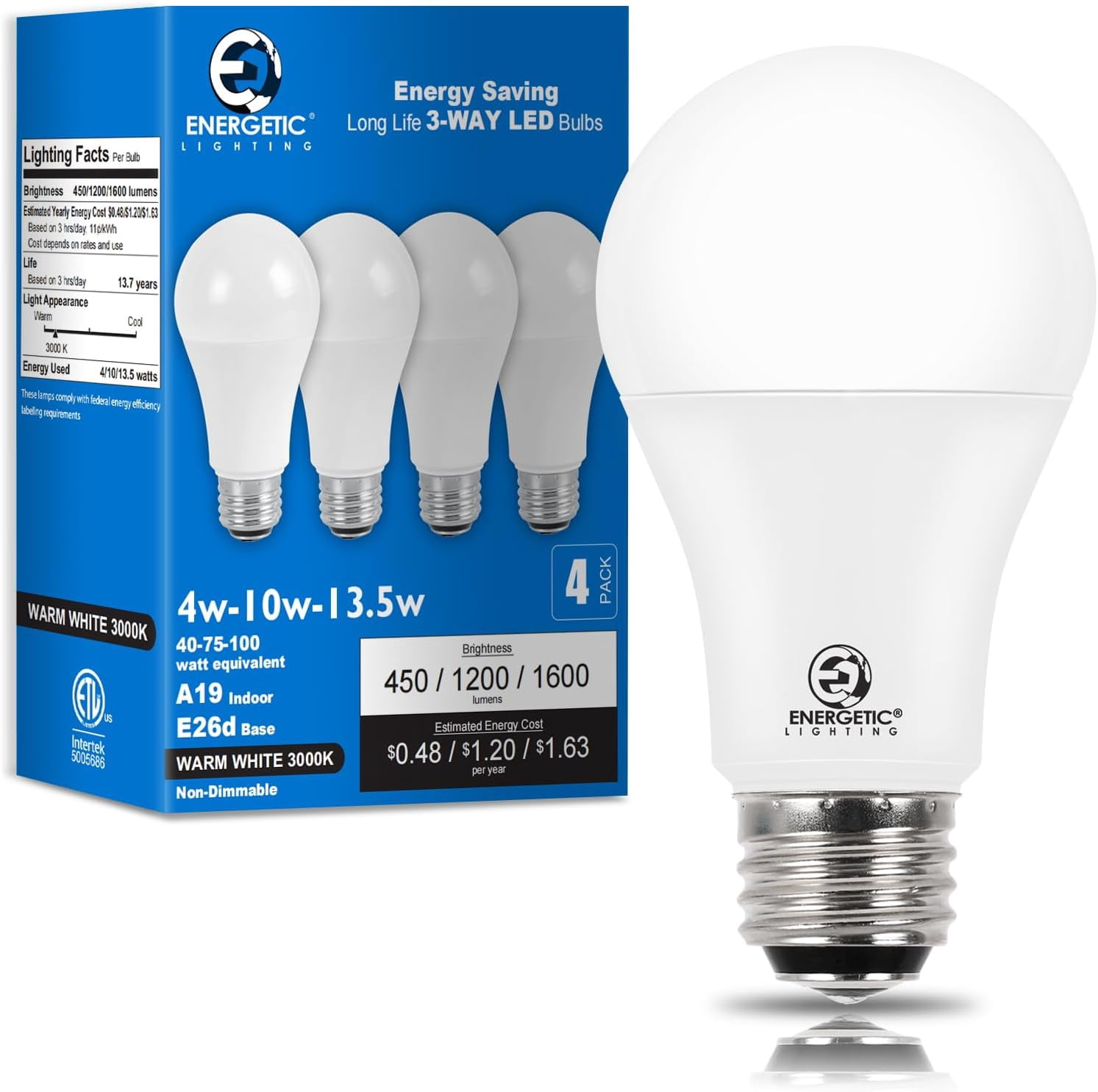 4-Pack 3 Way LED Light Bulbs 40 75 100W Equivalent, Warm White 3000K ...