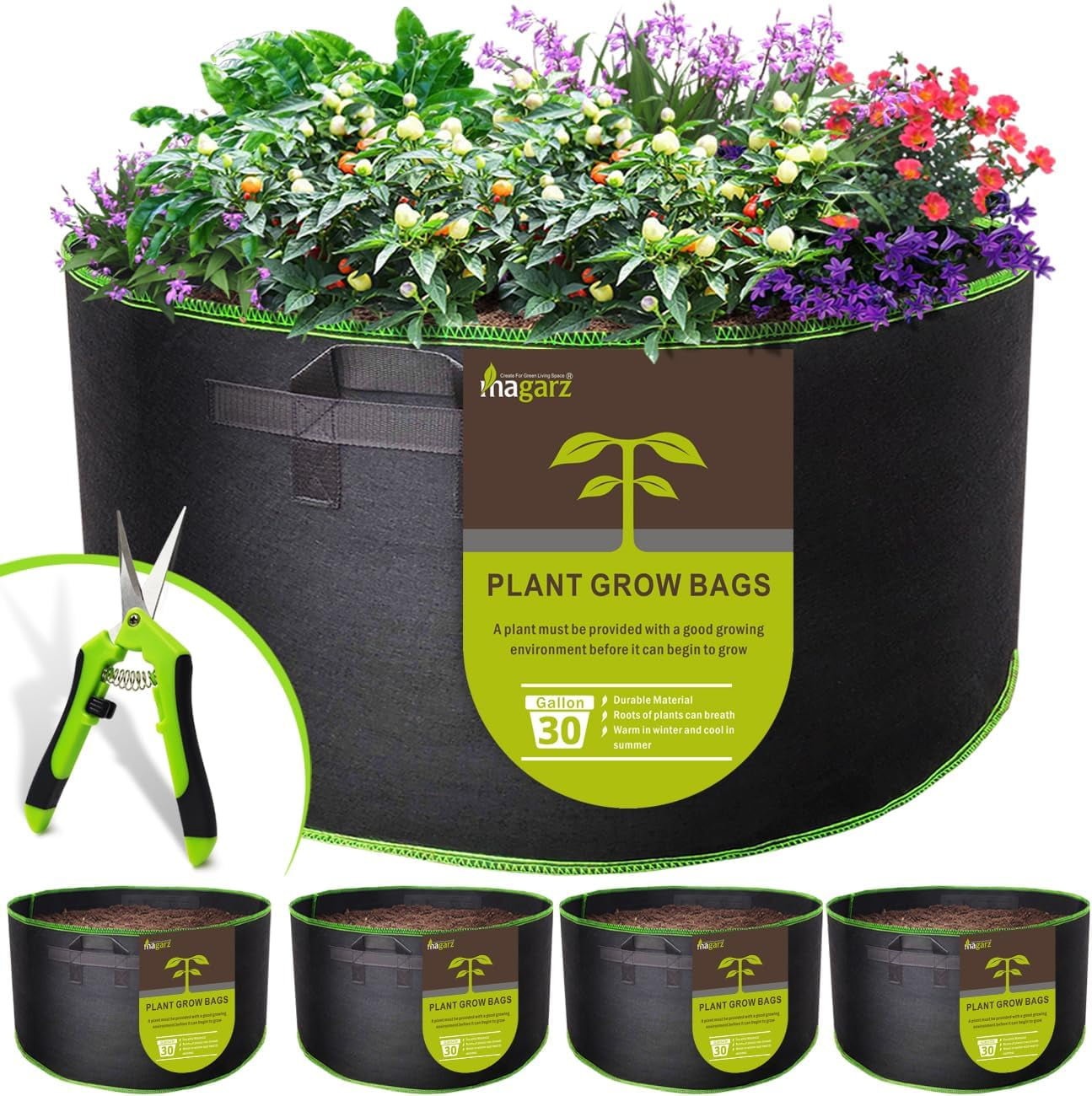 4-Pack 30 Gallon Fabric Flower Pots Garden Felt Grow Bags with Handle ...
