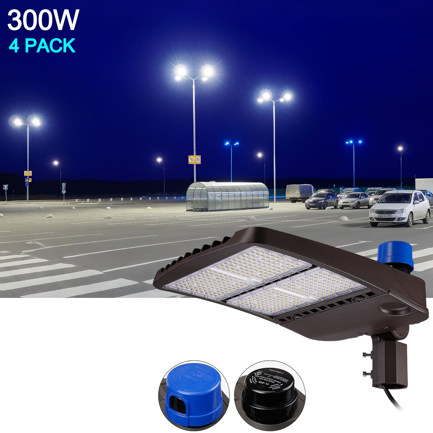 4 Pack 300W Outdoor Hardwired LED Parking Lot Pole Lights, Dusk to Dawn ...
