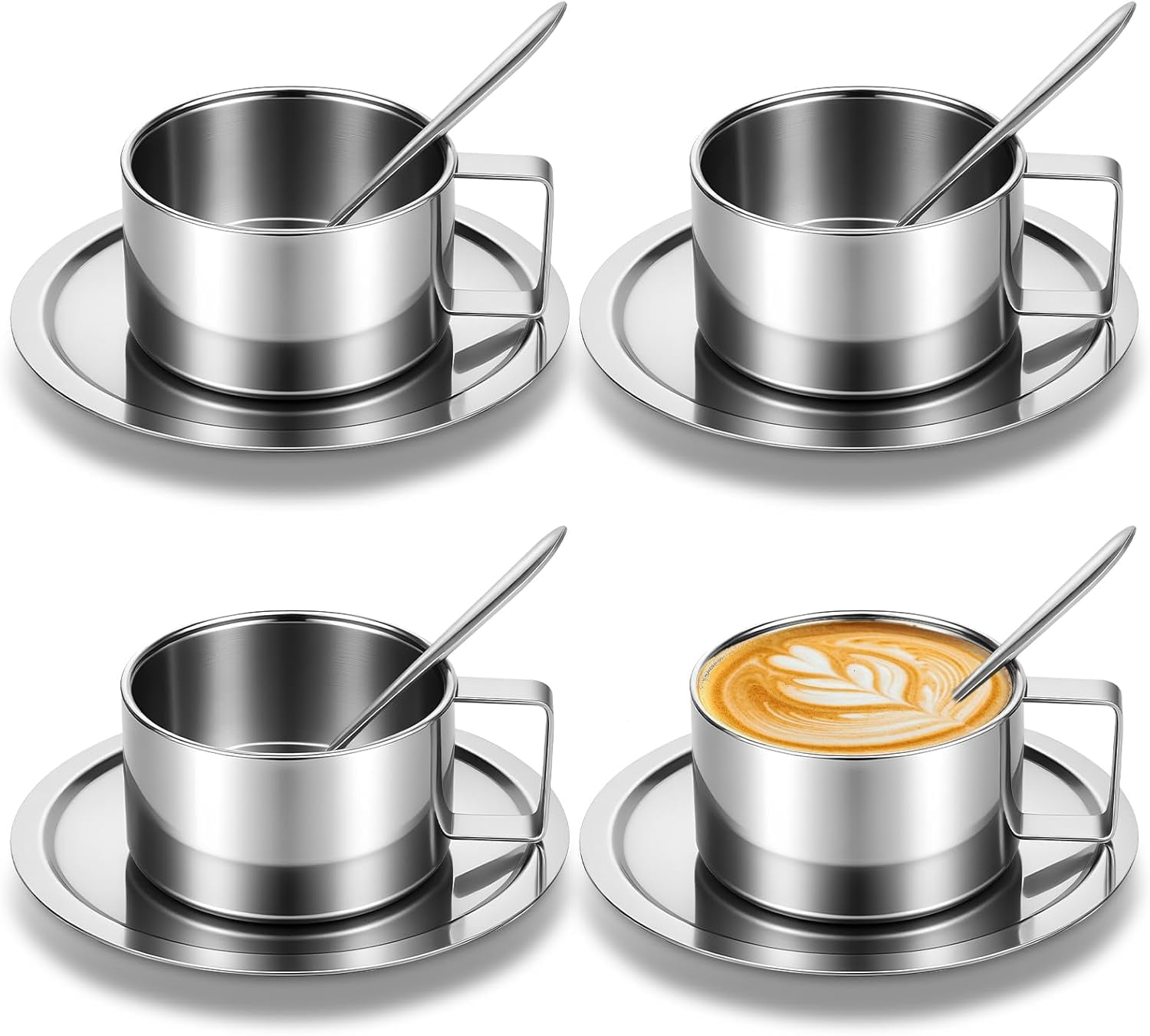 4 Pack 304 Stainless Steel Coffee Cup with Saucer and Spoon, 6.8 oz ...