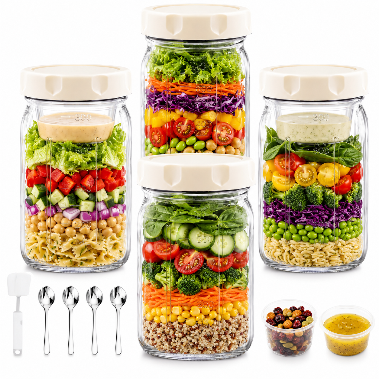 4 Pack 32oz Glass Salad Jars with Lids and Forks, Leakproof Meal Prep ...