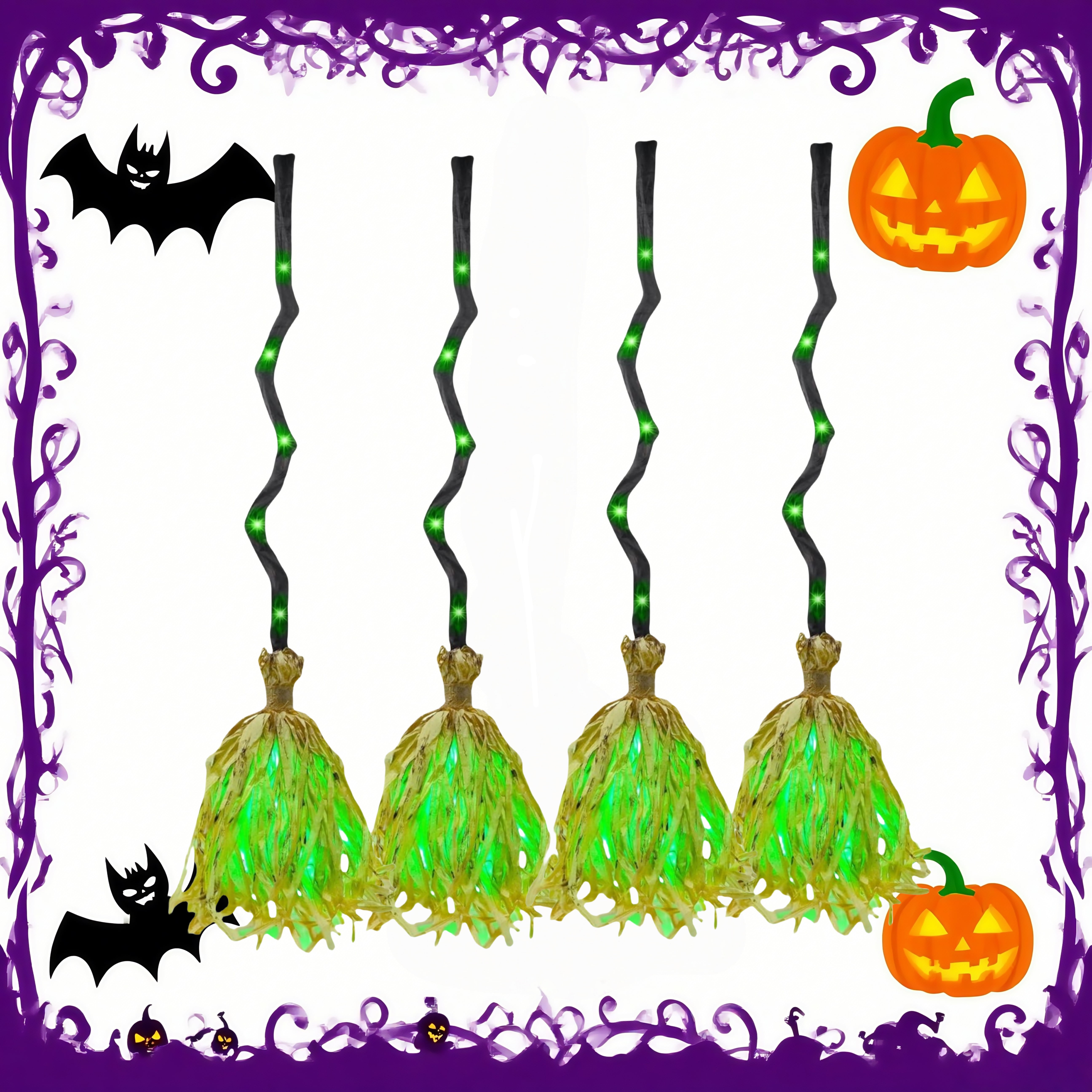 4-Pack 35" Animated Witch Brooms - Light Up Moving Broomsticks with ...