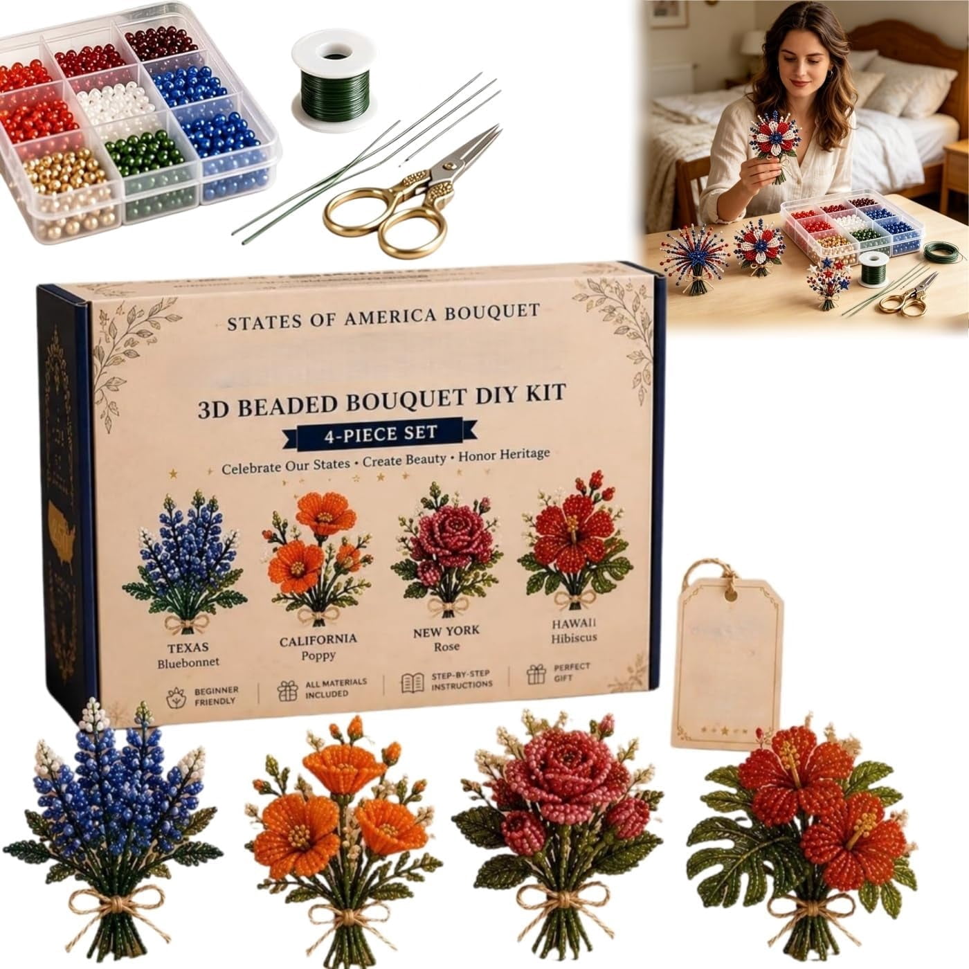 4 Pack 3D Beaded Flowers Set Red White Blue for July 4th ...