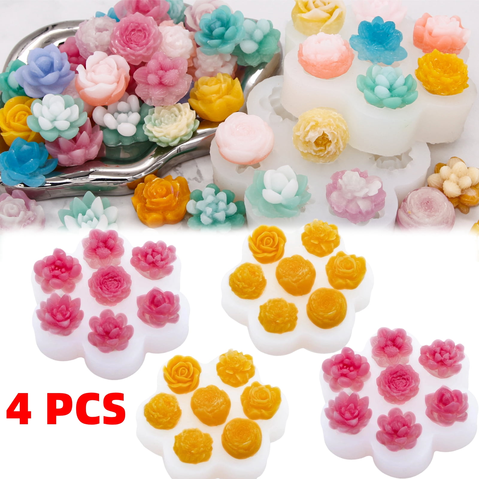 4 Pack 3D Flower Silicone Candle Molds, 14 Styles Plant Flower Resin ...