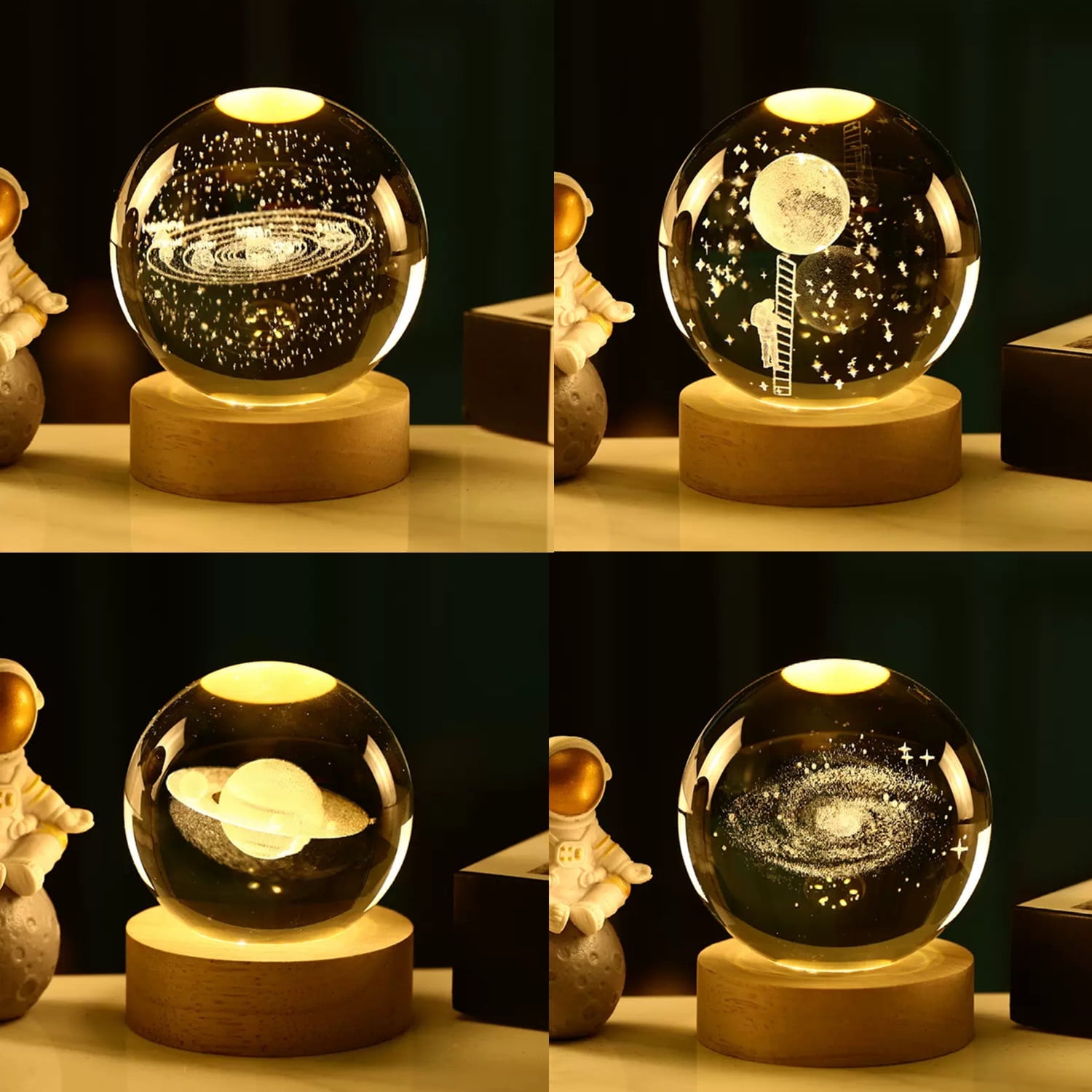 4 Pack 3D Galaxy Crystal Ball with Warm Light – 3.14" Laser Engraved ...