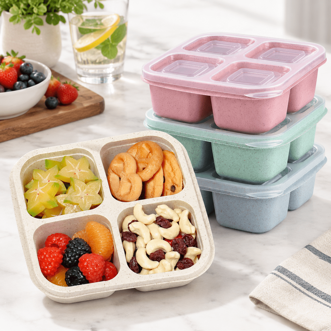 4 Pack-4 Compartments-A 4 Compartment Reusable Bento Snack Boxes ...