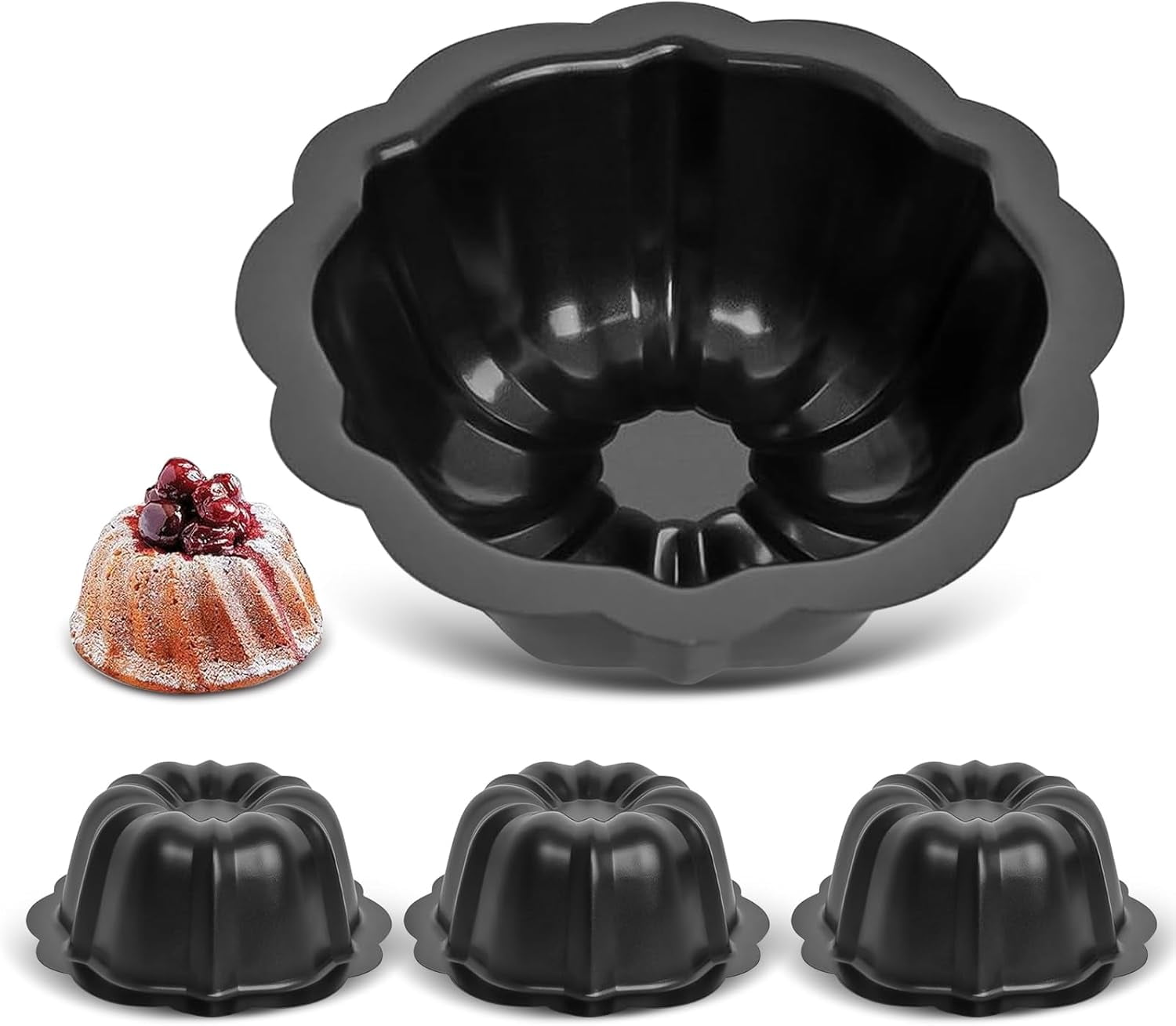 4 Pack 4 Inch Carbon Steel Mini Bundt Cake Pans, Nonstick Fluted Molds ...