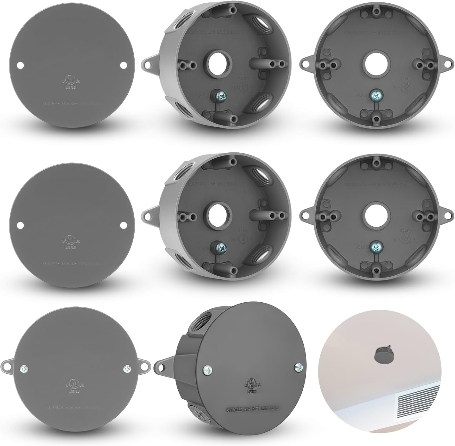 4 Pack 4'' Round Electrical Outlet Box with 4'' Blank Flat Metal Plate ...