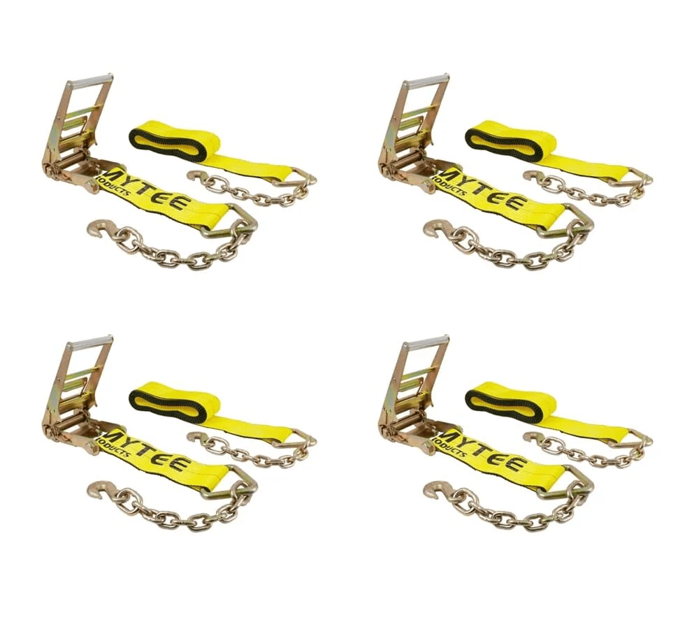 4 Pack 4" x 40' Yellow Ratchet Strap with Chain Anchor - 5,400 Lbs WLL ...