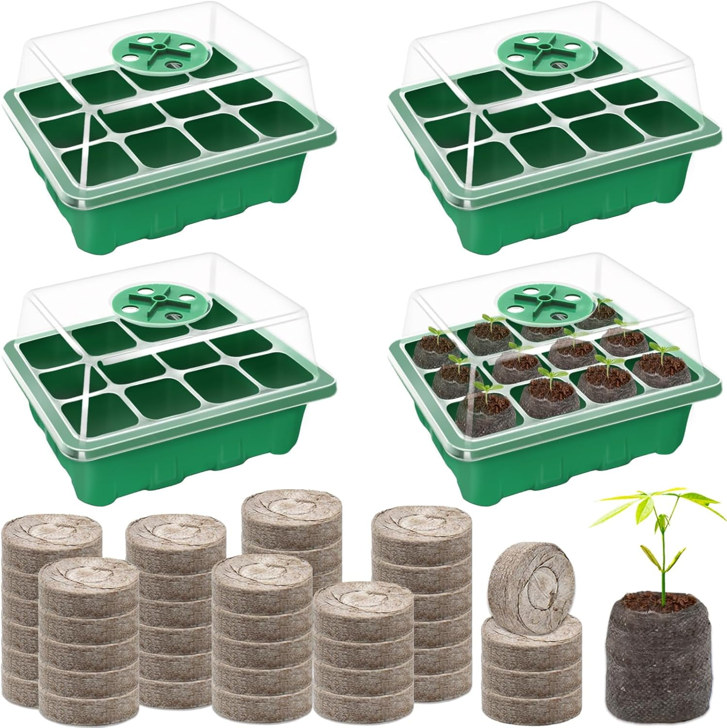 4 Pack 48 Cells Green Seed Starter Tray with 50 PCS Peat Pellets for ...