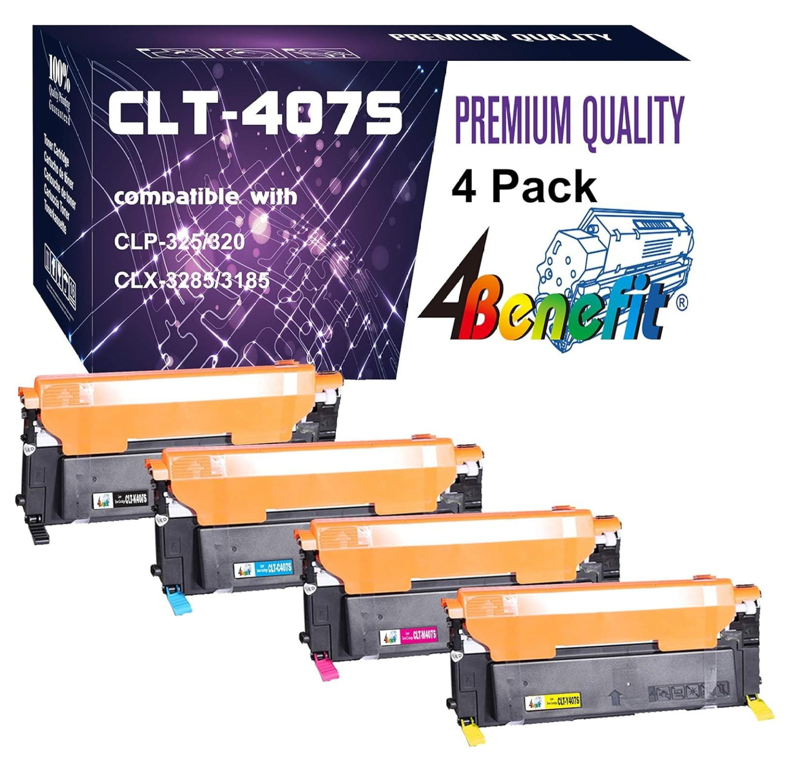 4-Pack 4Benefit Compatible CLT-407S Toner Cartridge (4 Color Set, B+C+Y+M) CLT-K407S CLT-C407S ...