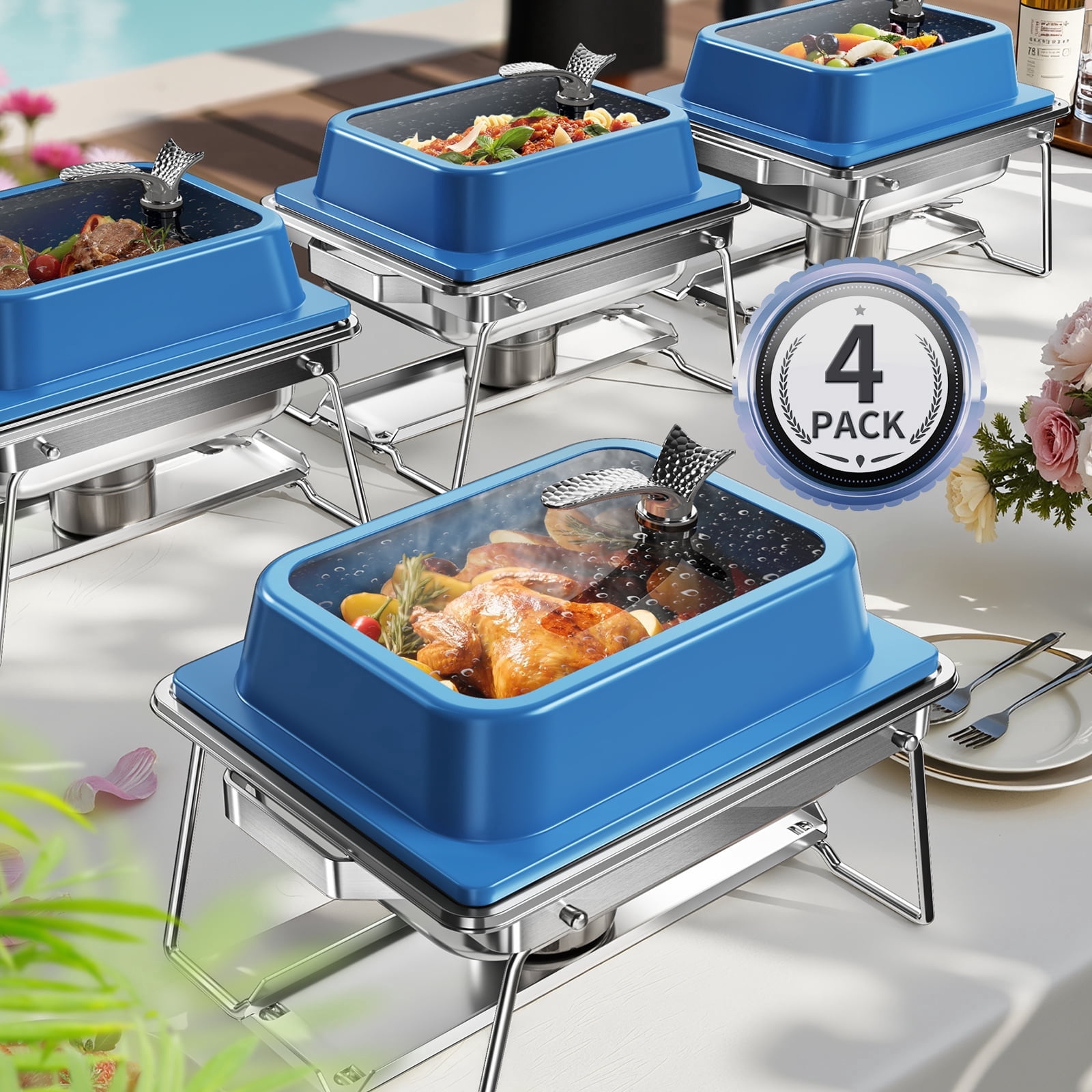 4 Pack 5QT Square Stainless Steel Chafing Dishes for Buffet, Complete ...