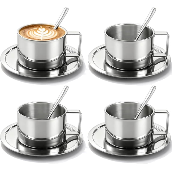 4 Pack 6.8 oz Coffee Cups Set, 18/8 Stainless Steel Espresso Cup with ...