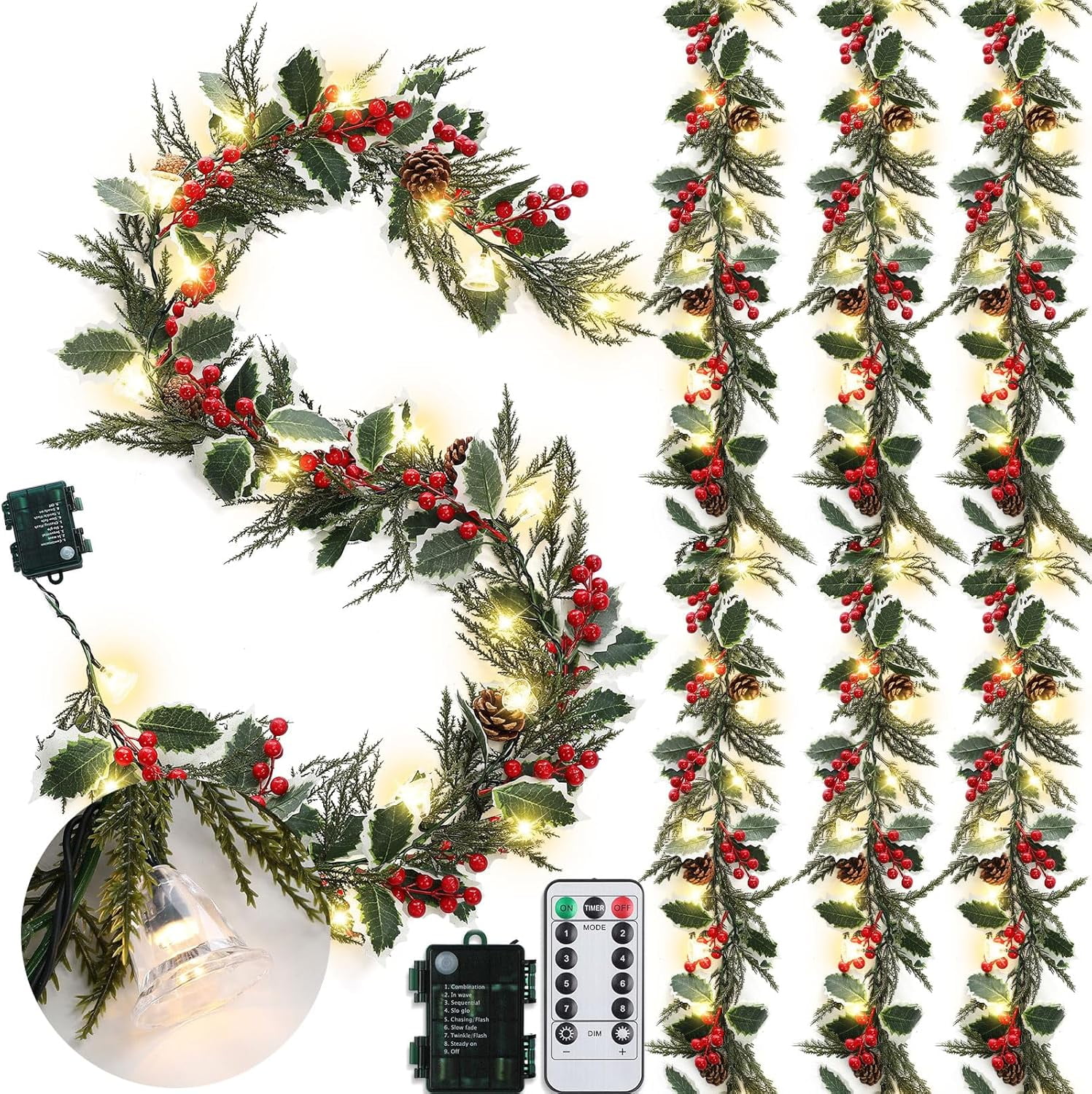 4-Pack 6-Foot Pre-Lit Christmas Garland with Globe Lights, Battery ...