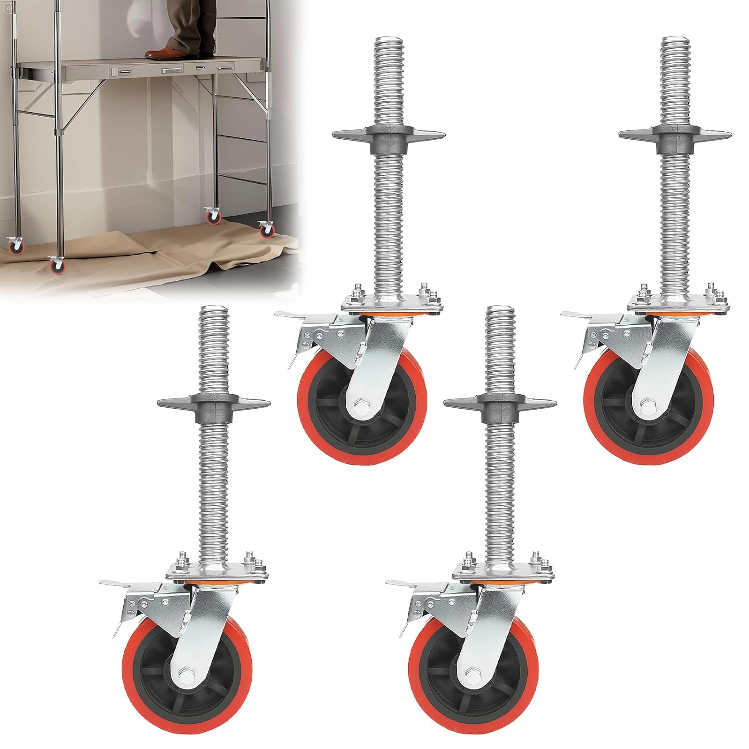 4 Pack 6" Leveling Scaffolding Wheel, 12" Hight Adjustable, Heavy-Duty ...