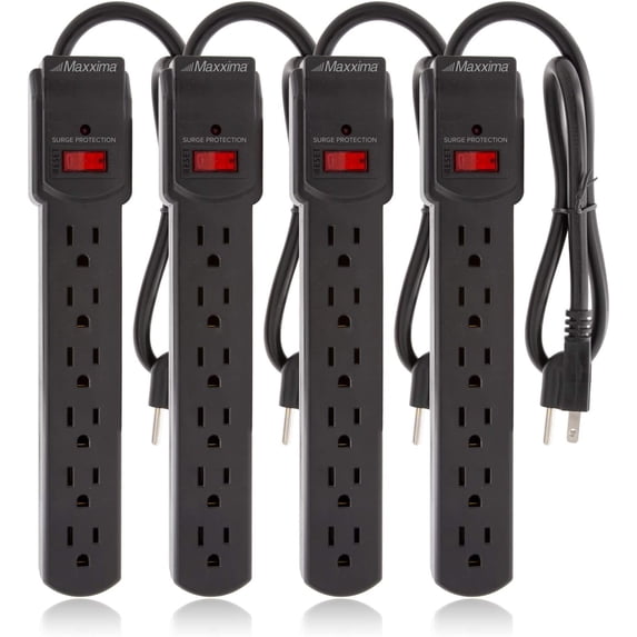 4-Pack 6 Outlet Power Strip Surge Protector - 300 Joules, Features Red ...
