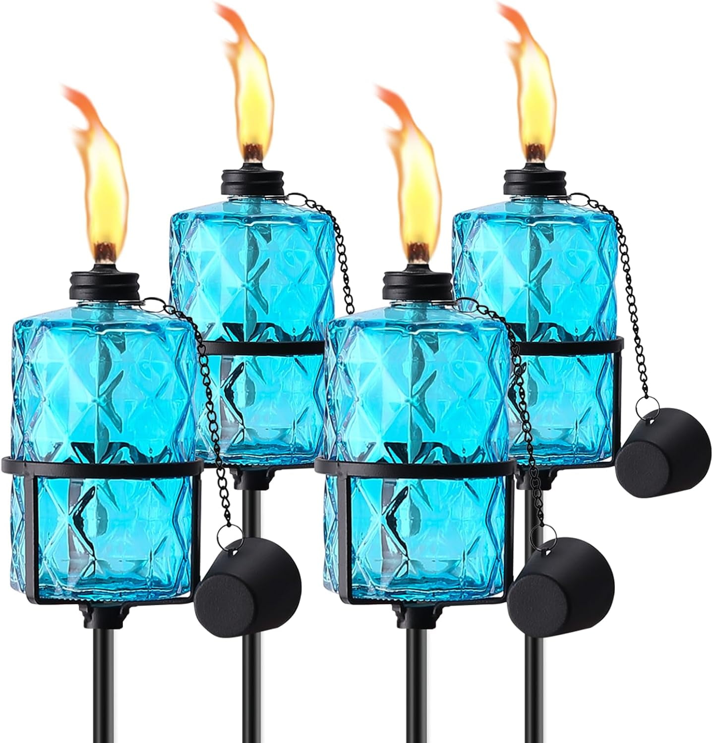 4-Pack 60-Inch Blue Glass Garden Torches - 12 oz Citronella, 3-Prong ...