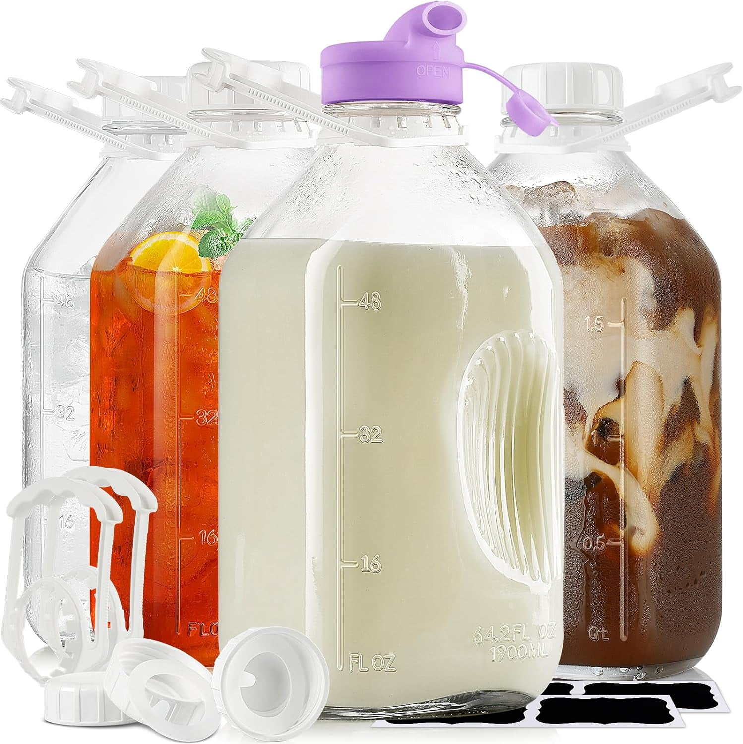 4 Pack 64 Oz Heavy Duty Glass Milk Bottle with 1 Silicone Spout and 5 ...
