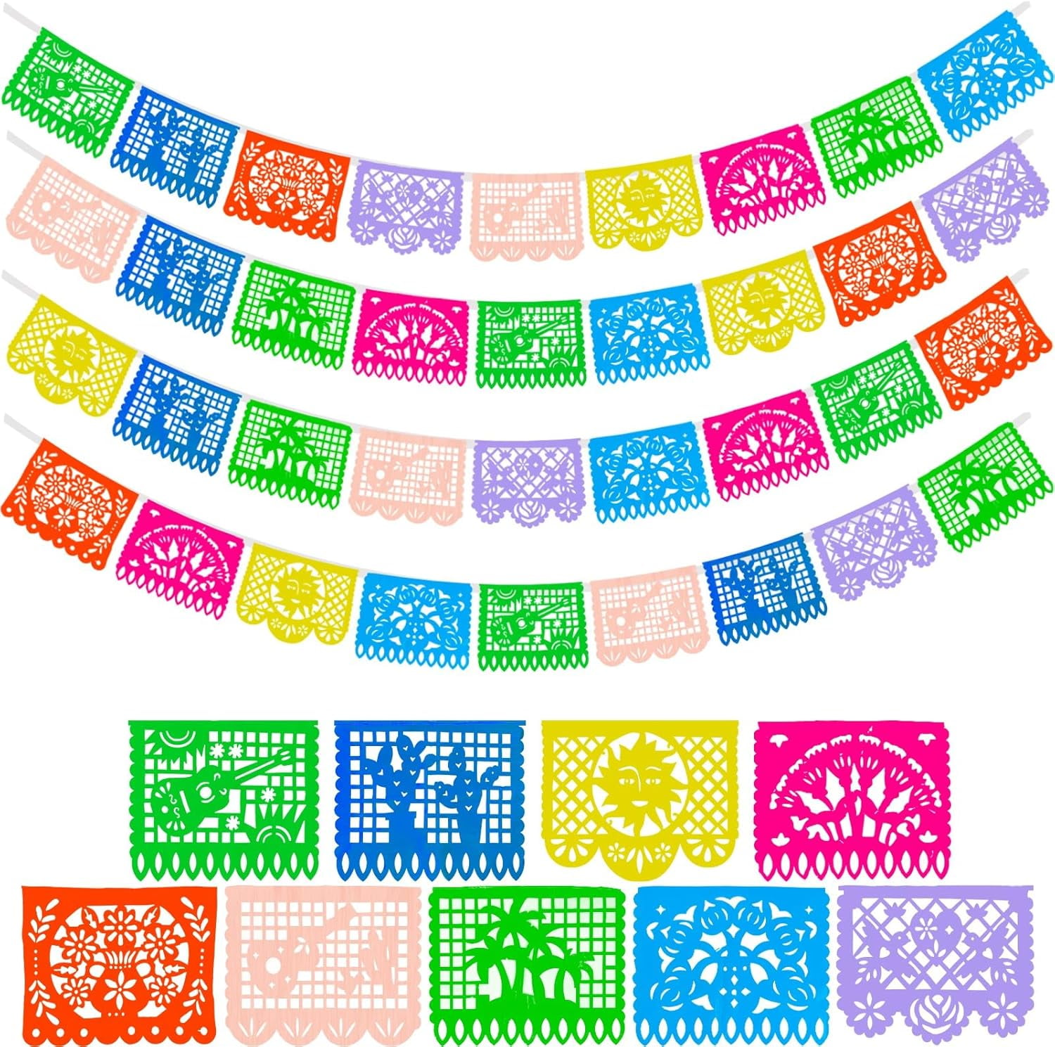 4 Pack 68 Feet Mexican Party Banners, 9 Patterns Plastic Papel Picado ...