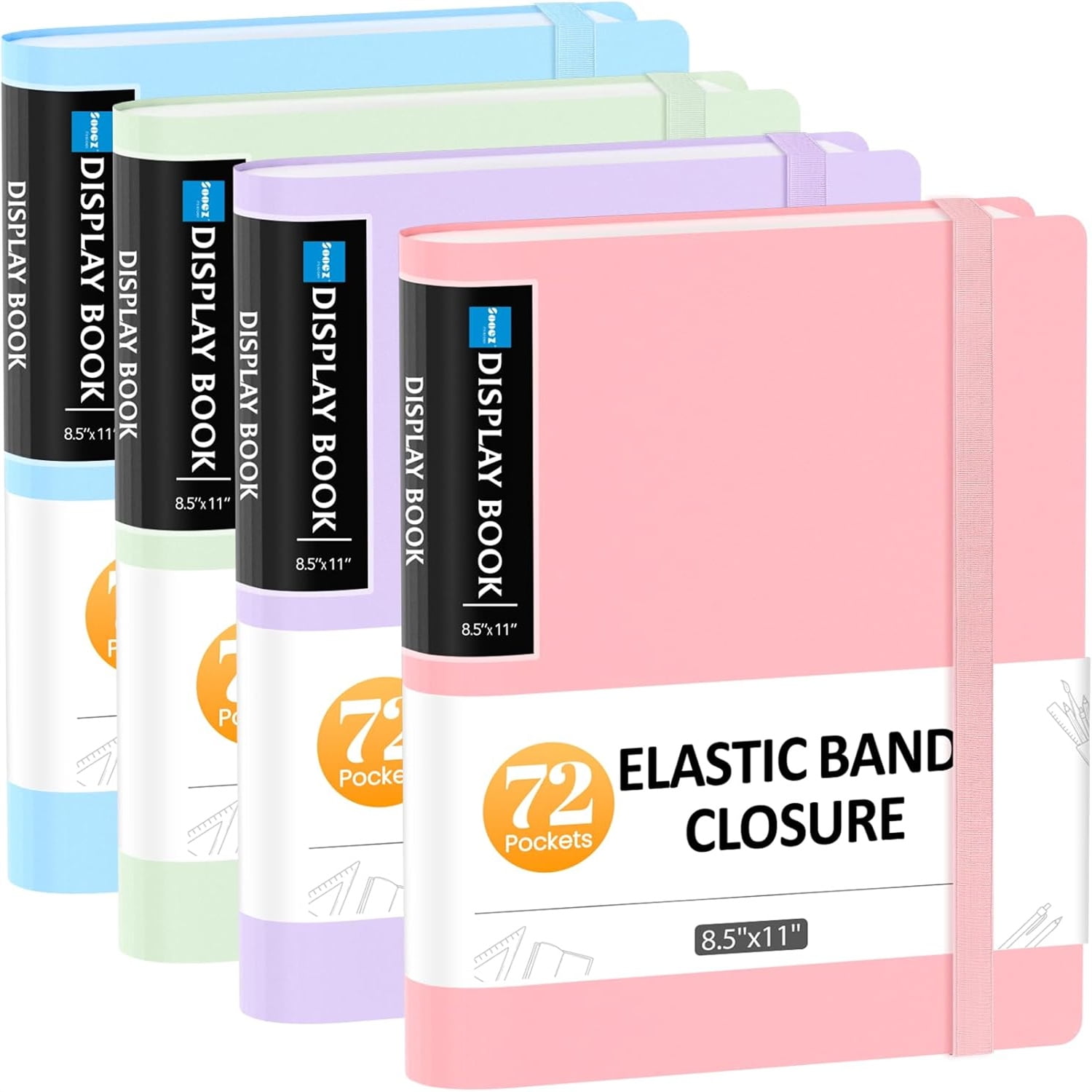 4 Pack 72 Pocket Binder with Plastic Sleeves & Elastic Band, Large ...