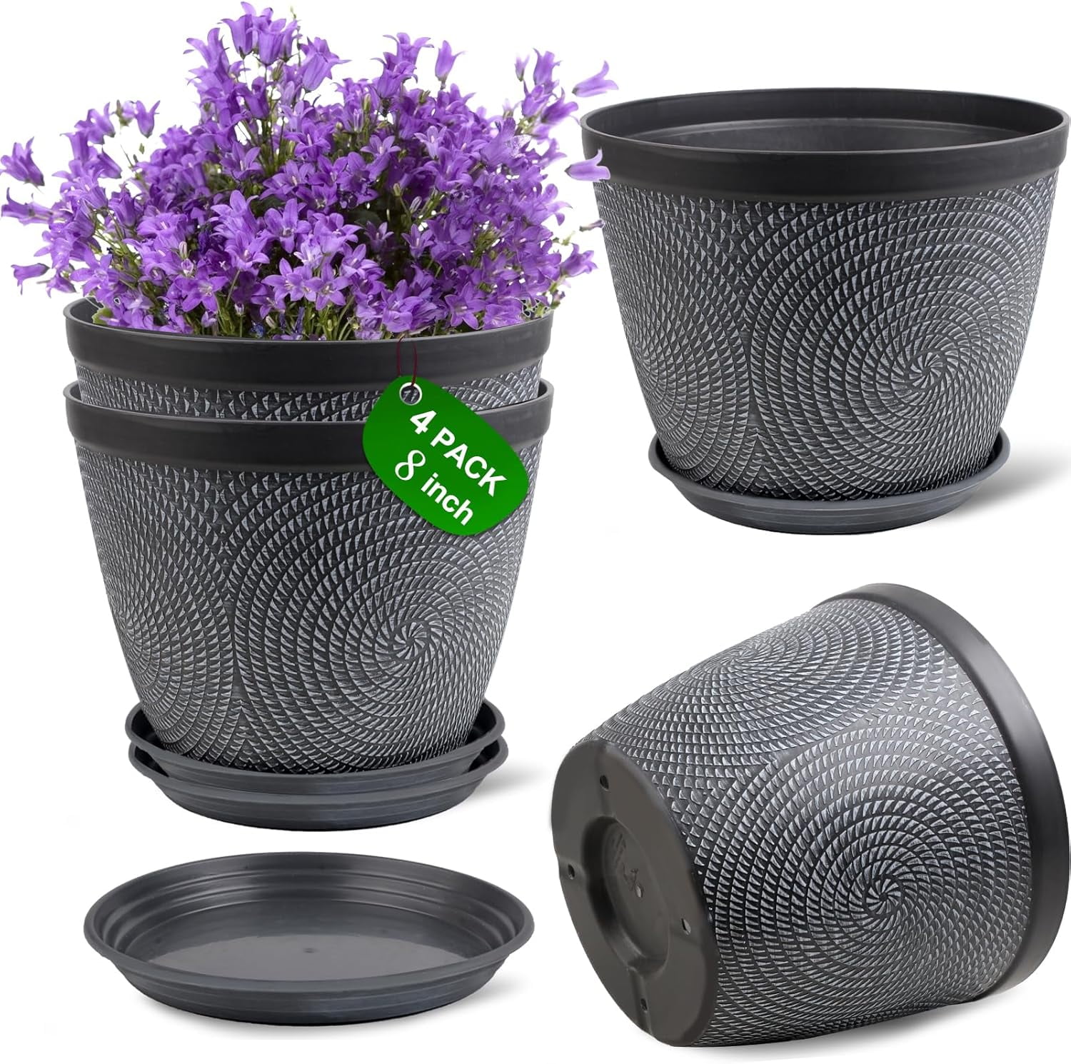 4 Pack 8 Inch Flower Pots Planters for Outdoor Indoor, Plastic Plant ...