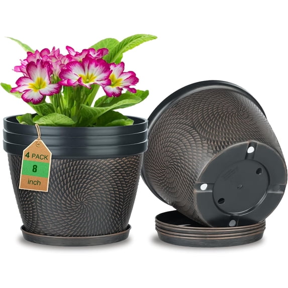 4 Pack 8 Inch Plastic Flower Pots with Drainage Hole & Saucer ...