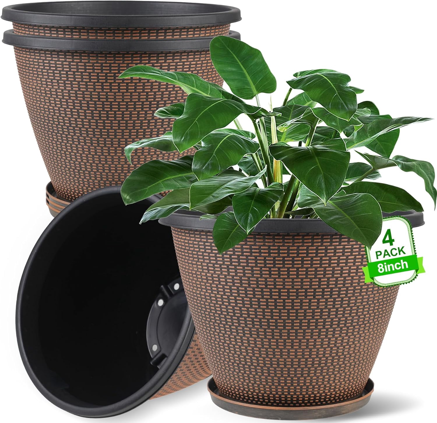 4 Pack 8 inch Plant Pot, Plastic Pots for Plants Indoor, Round Planters ...