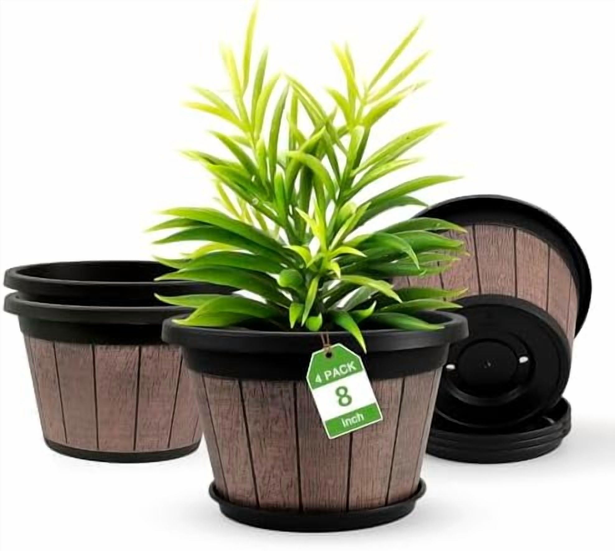4 Pack 8 inch Plant Pot,Upgrade Whiskey Barrel Planters with Drainage ...