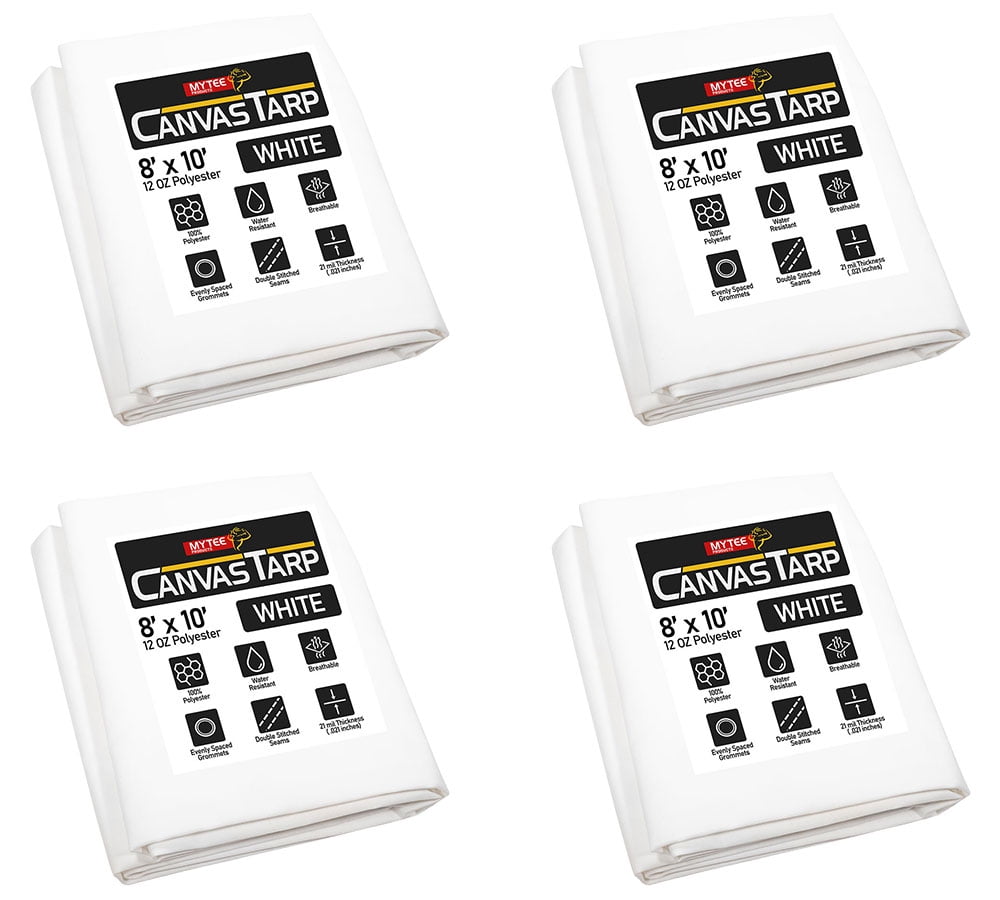 4 Pack 8' x 10' White Canvas Tarp 12oz - Water Resistant & Breathable - Heavy Duty Tarps ...