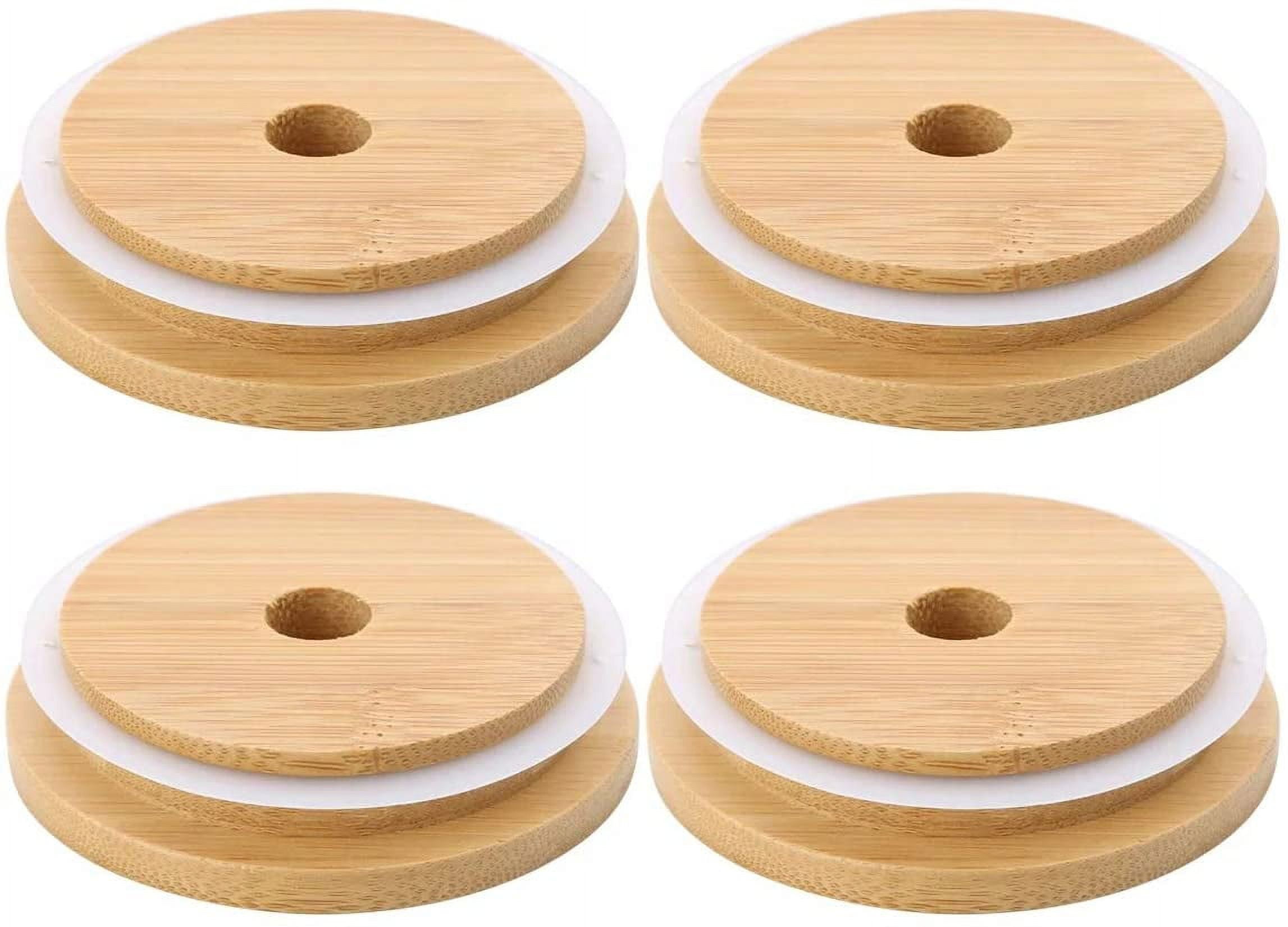 4 Pack 86mm Wide Mouth Bamboo Mason Jar Lids with Straw Hole Reusable ...
