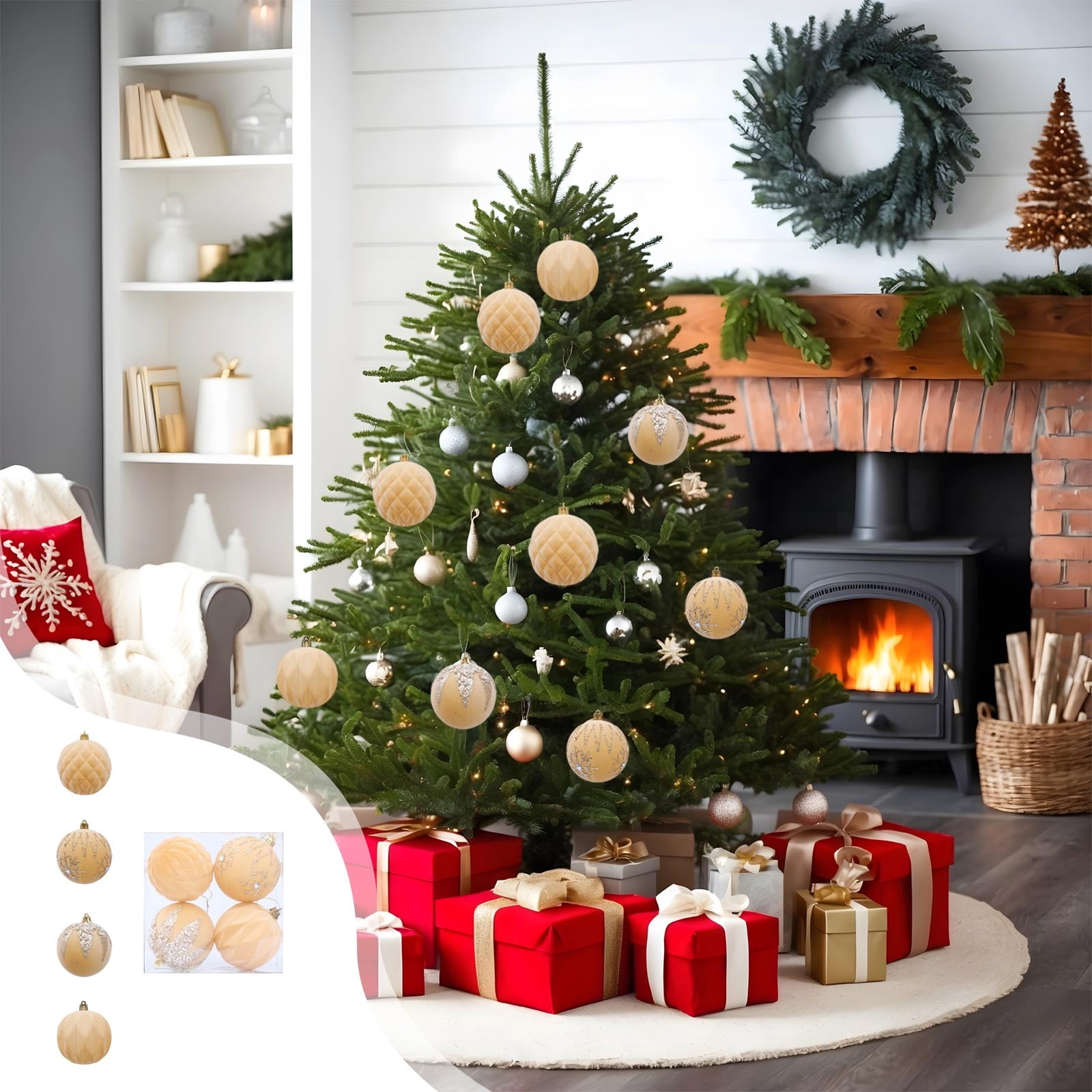 4-Pack 8cm Flocked Christmas Balls Glitter Hanging Ornaments Plastic ...