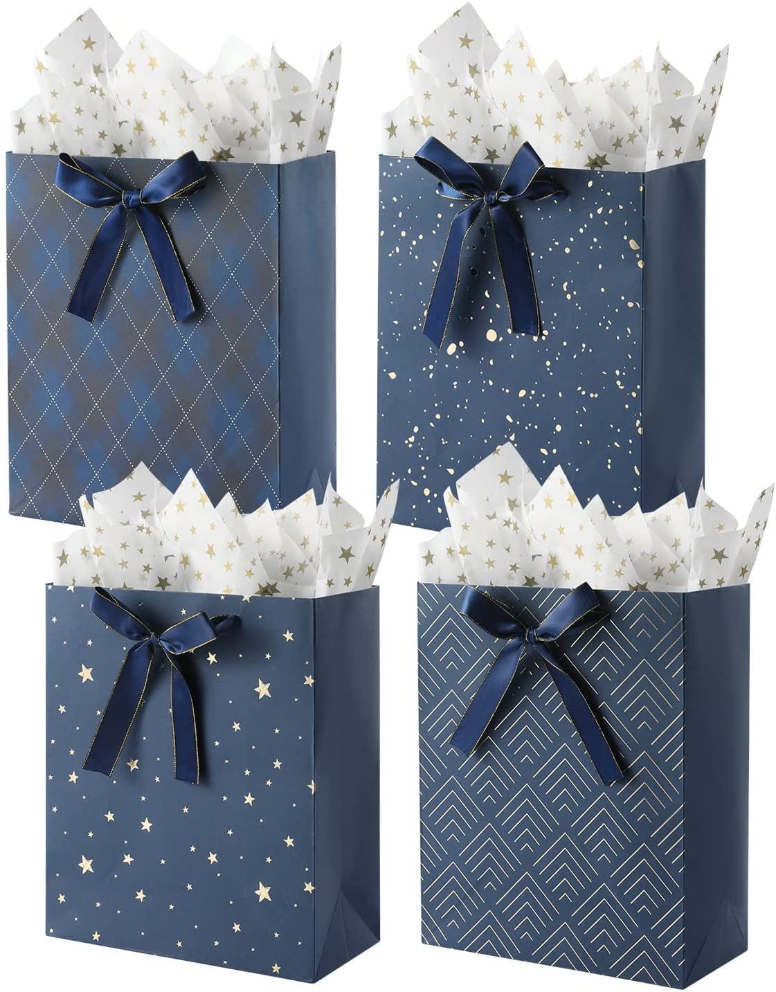 4 Pack 9" Medium Size Gift Bags Assorted Premium Blue with Tissue Paper ...