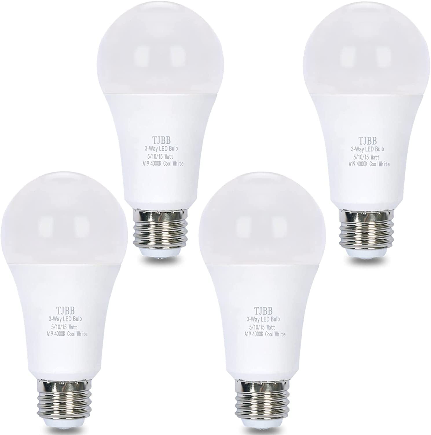 4 Pack A19 E26 3-Way LED Light Bulbs, 5W=50W / 10W=100W / 15W=150W ...