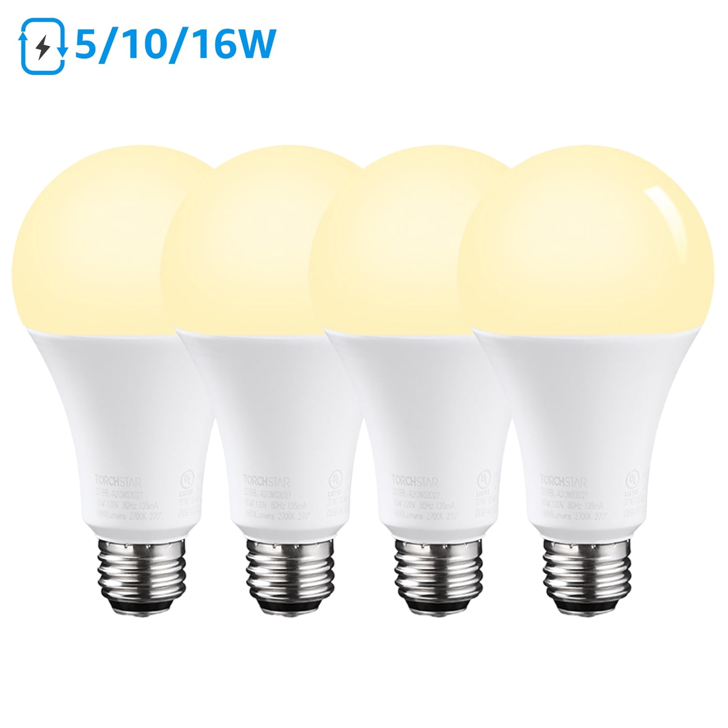 4 Pack A21 LED 3-way Light Bulbs, E26 Base, 40/60/100W Equivalent ...